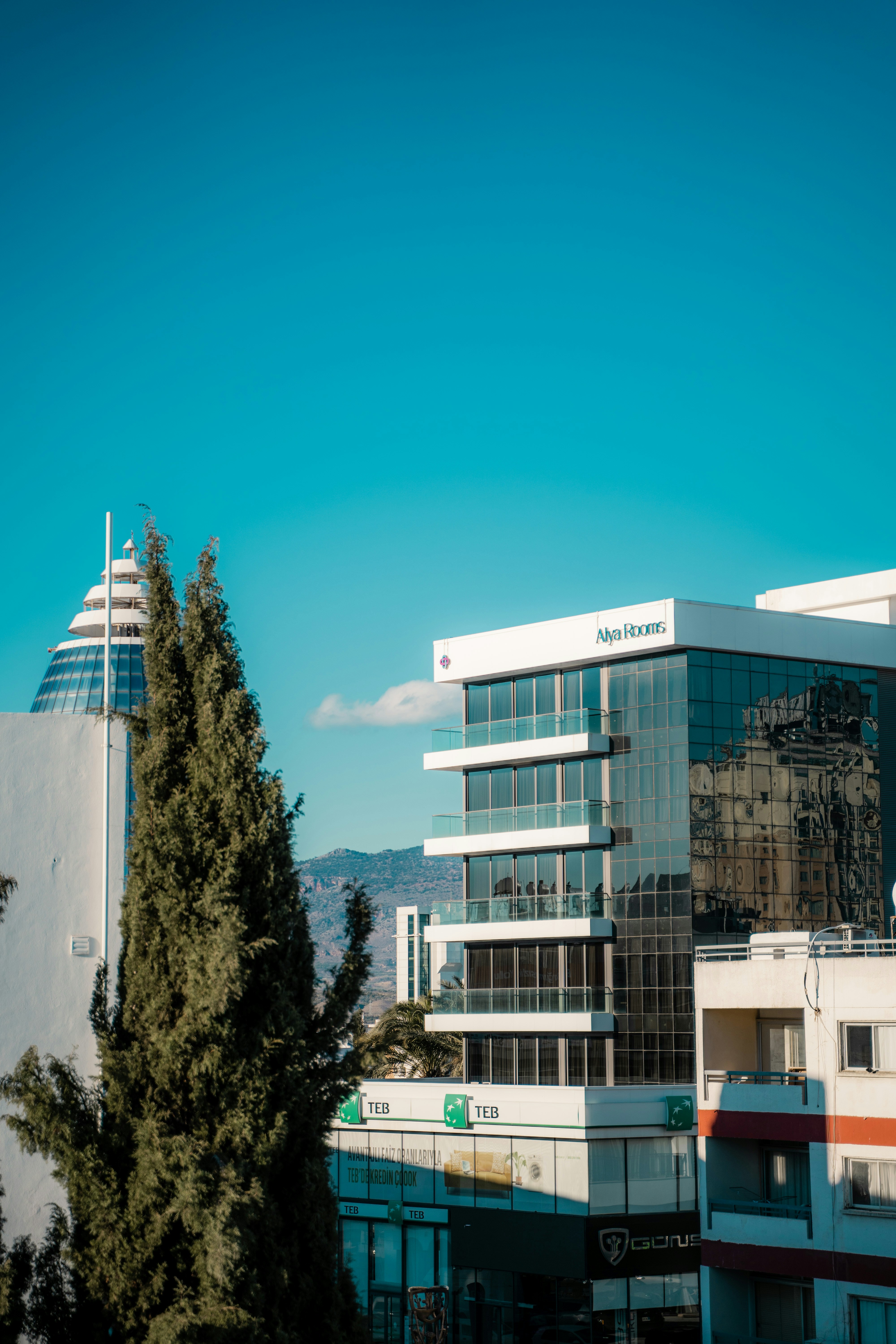 Contemporary office building reflecting the vibrant blue sky, framed by lush greenery and urban elements.
