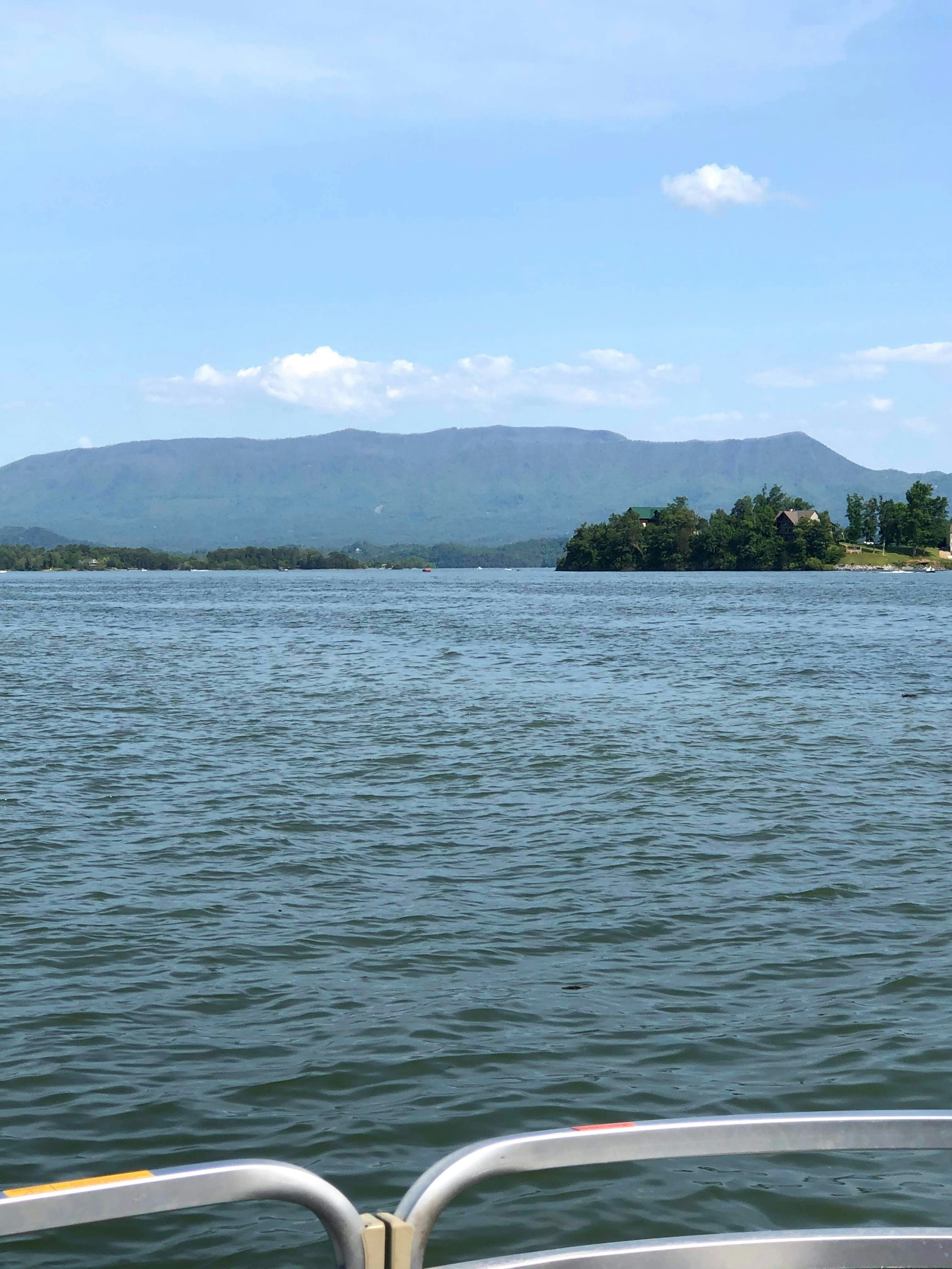 Calm lake reflecting distant mountains under a clear blue sky, with a hint of greenery along the shoreline.