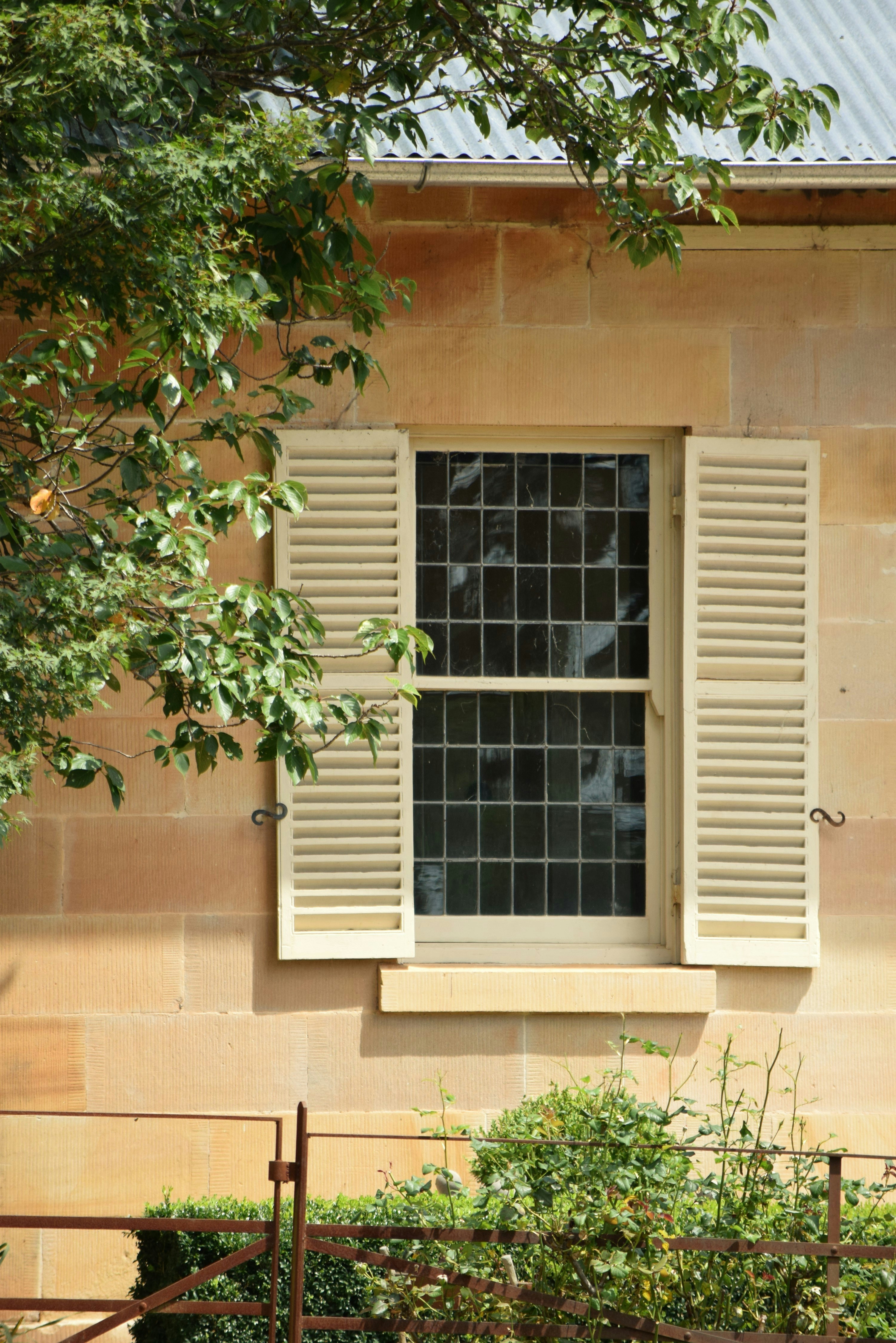 Sunlit Window on a Warm Brick Facade Framed by Leaning Vines