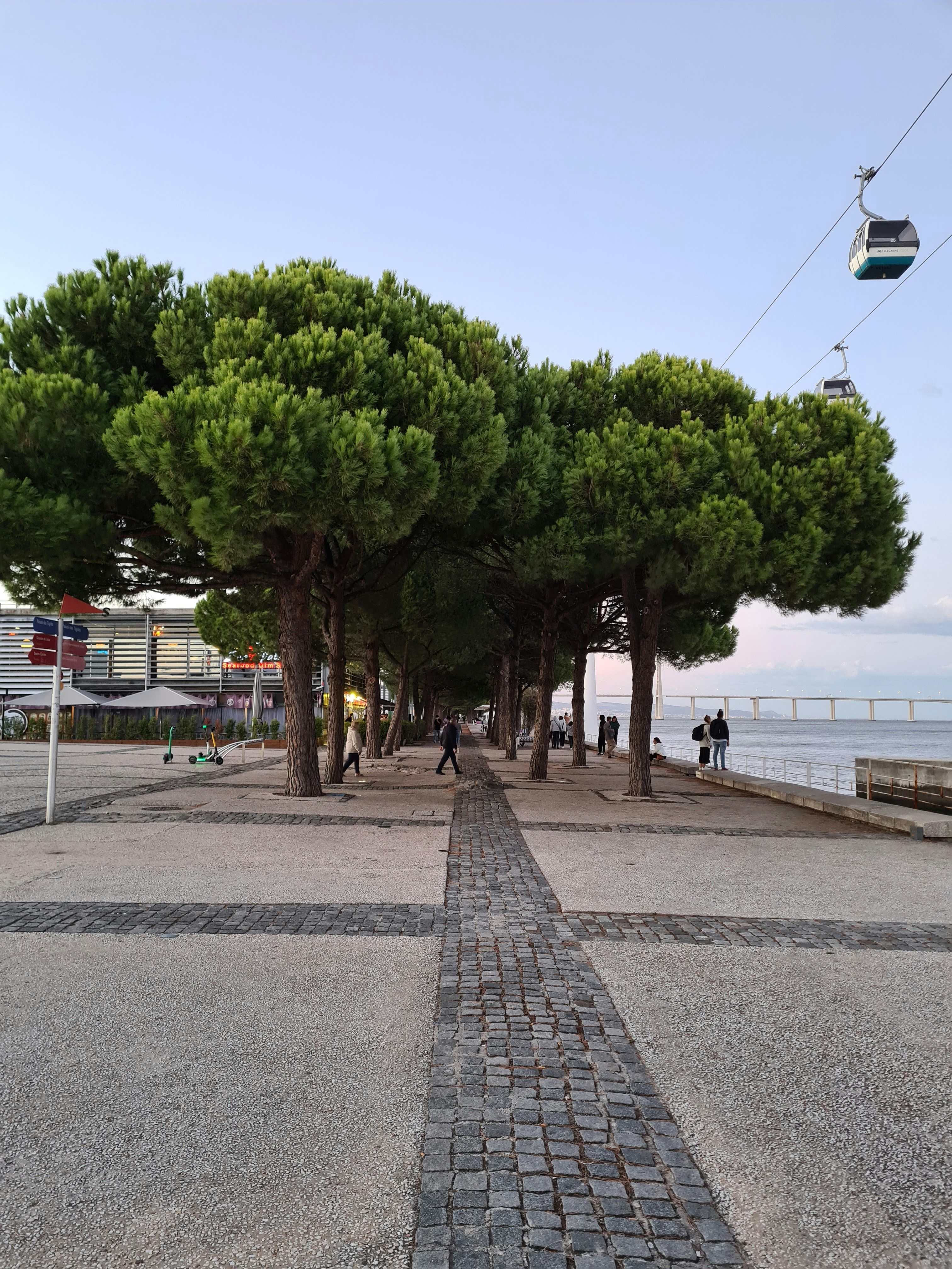 A pedestrian zone in Lisbon, Portugal with green trees and a cable car in the background.