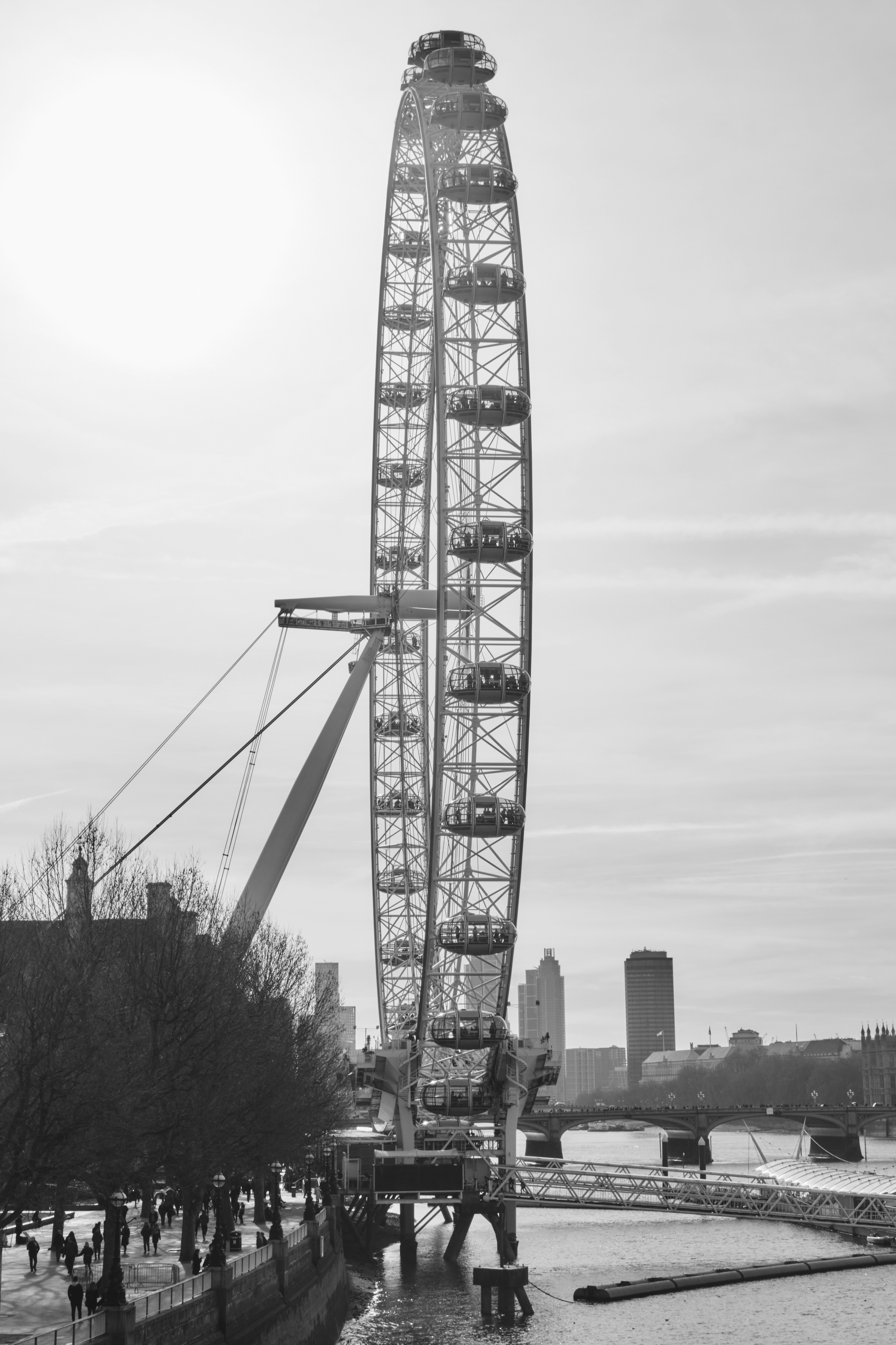 Grayscale Thames: London's Ferris Wheel in quiet winter light