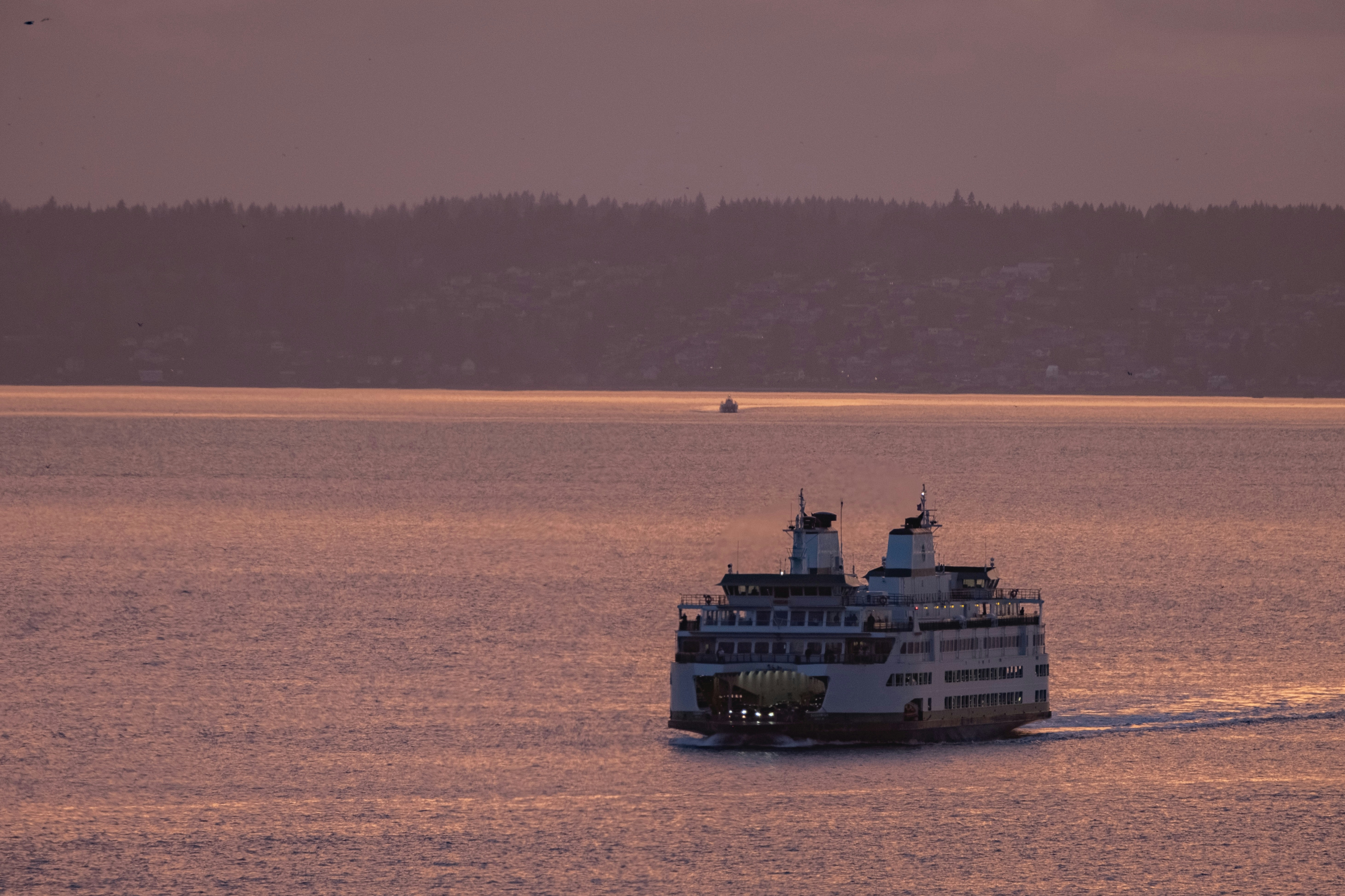 A ferry gliding through calm waters at twilight, surrounded by a soft purple hue reflecting off the surface. The distant silhouette of another boat enhances the serene atmosphere.