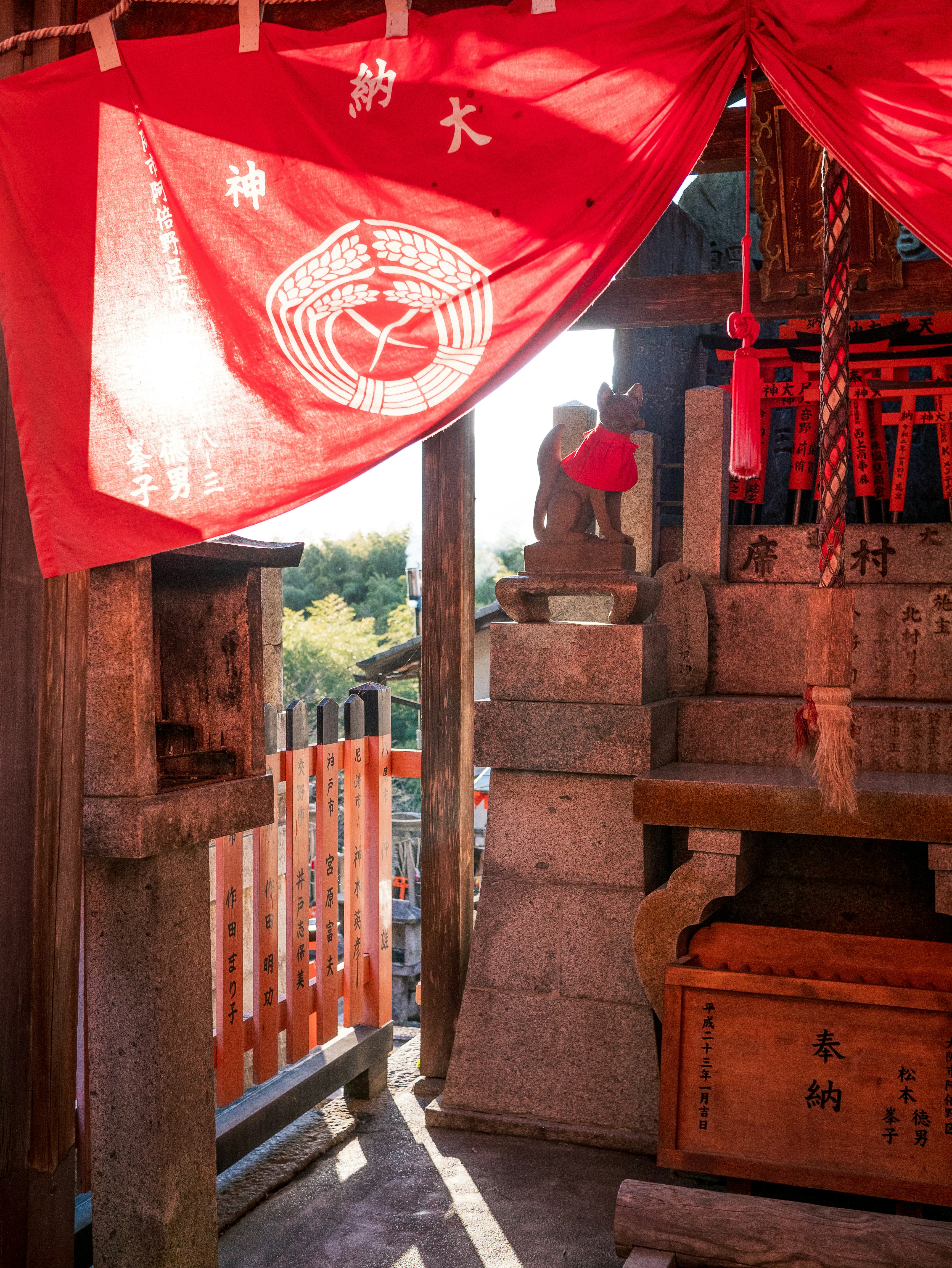 A shrine with a red flag hanging from it's roof photo – Free Inari ...