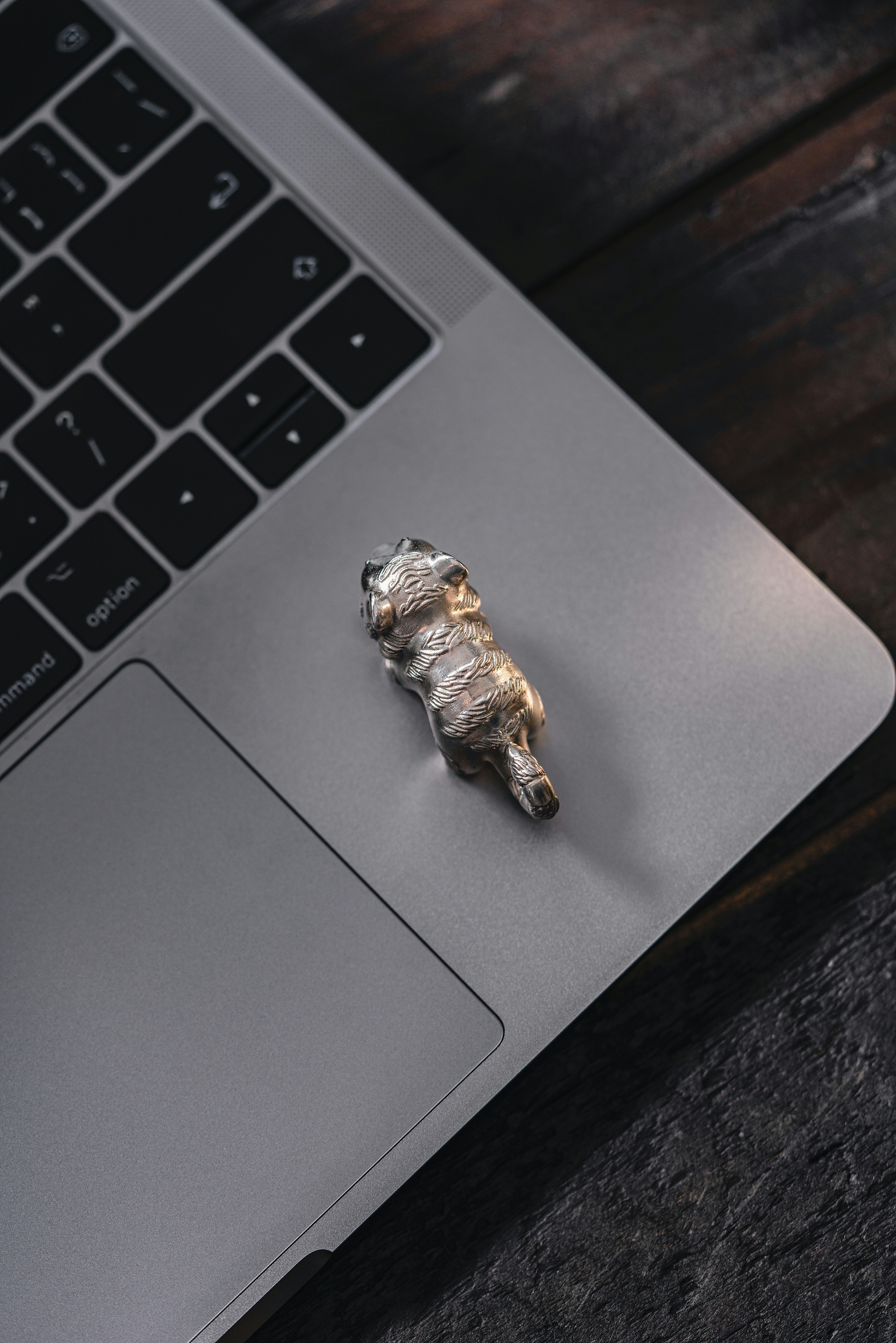 Tiny Metallic Tiger Perches on a Laptop Trackpad