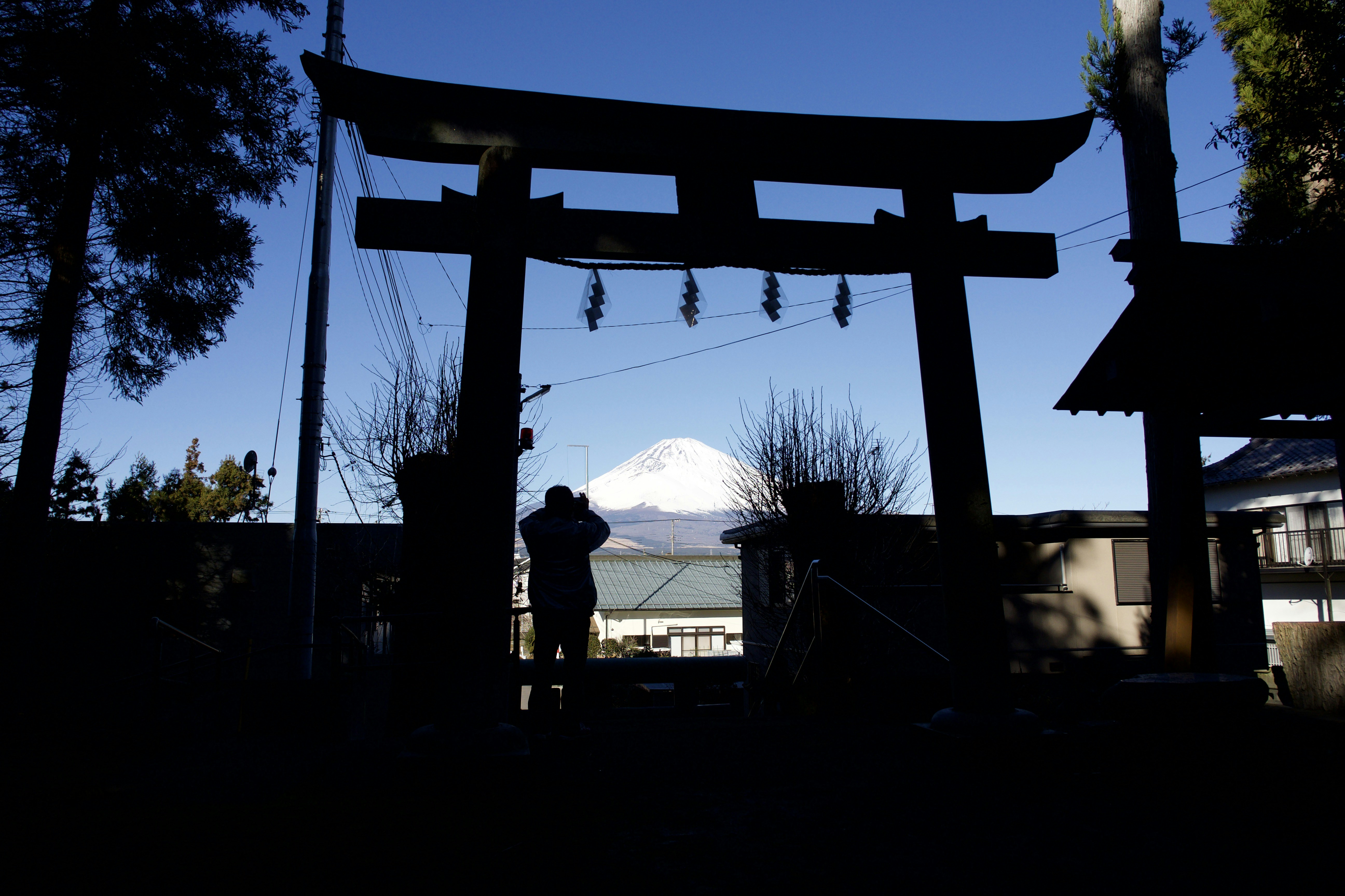 Mt. Fuji Silhouette Beyond a Shrouded Shrine Gate