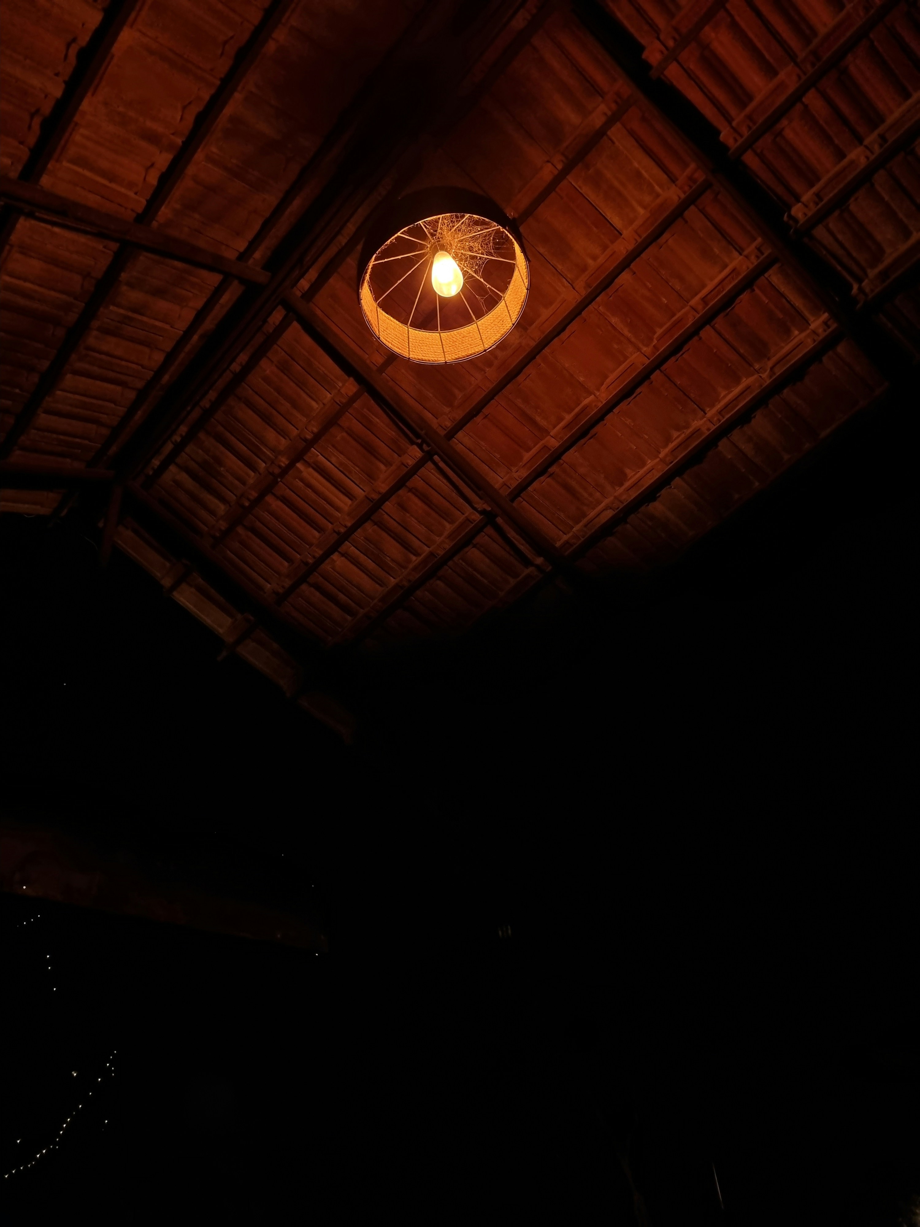 A warm light bulb suspended from a rustic ceiling, casting a soft glow in an otherwise dark setting.