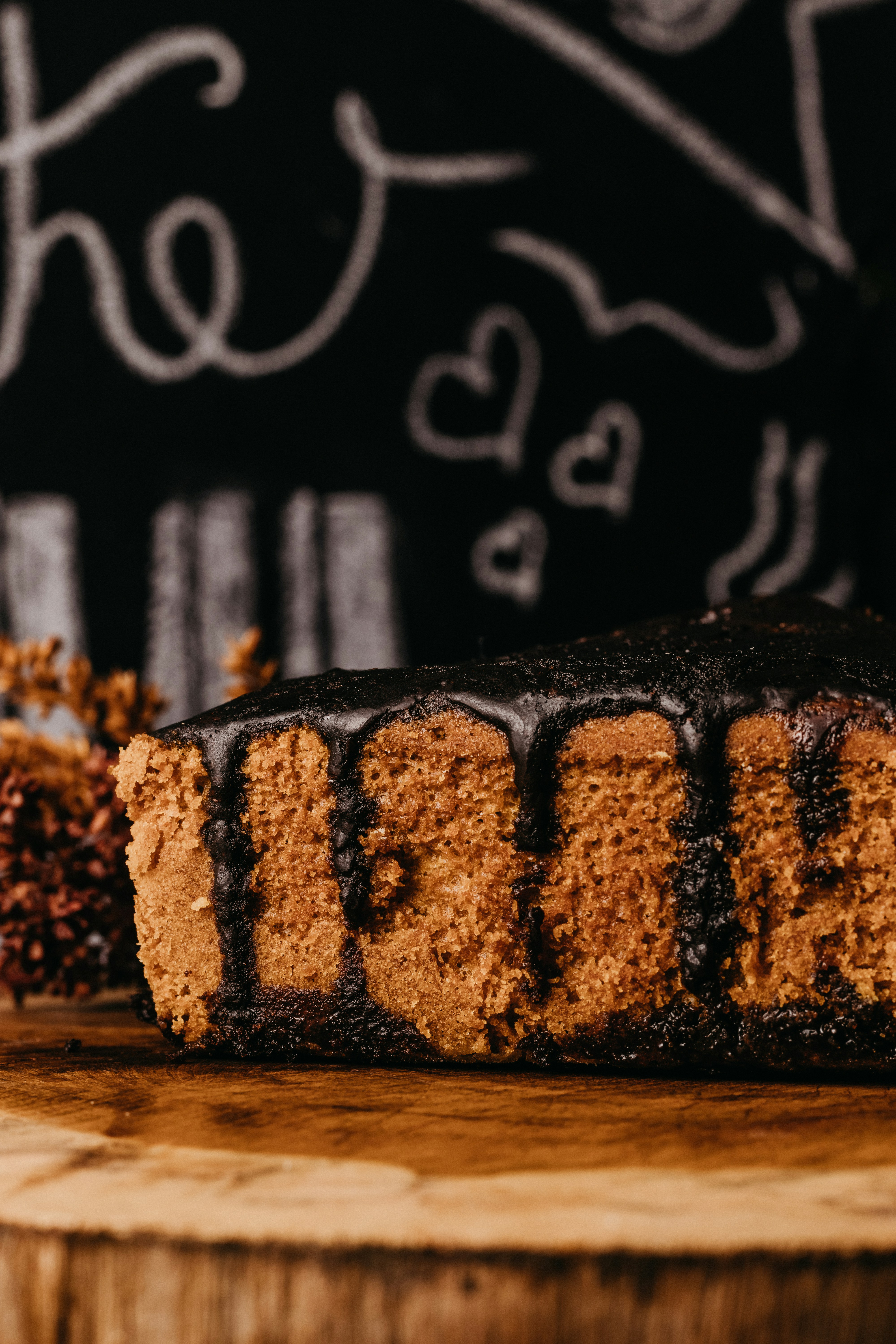 Cocoa Velvet Slice Beneath a Chalkboard of Hearts