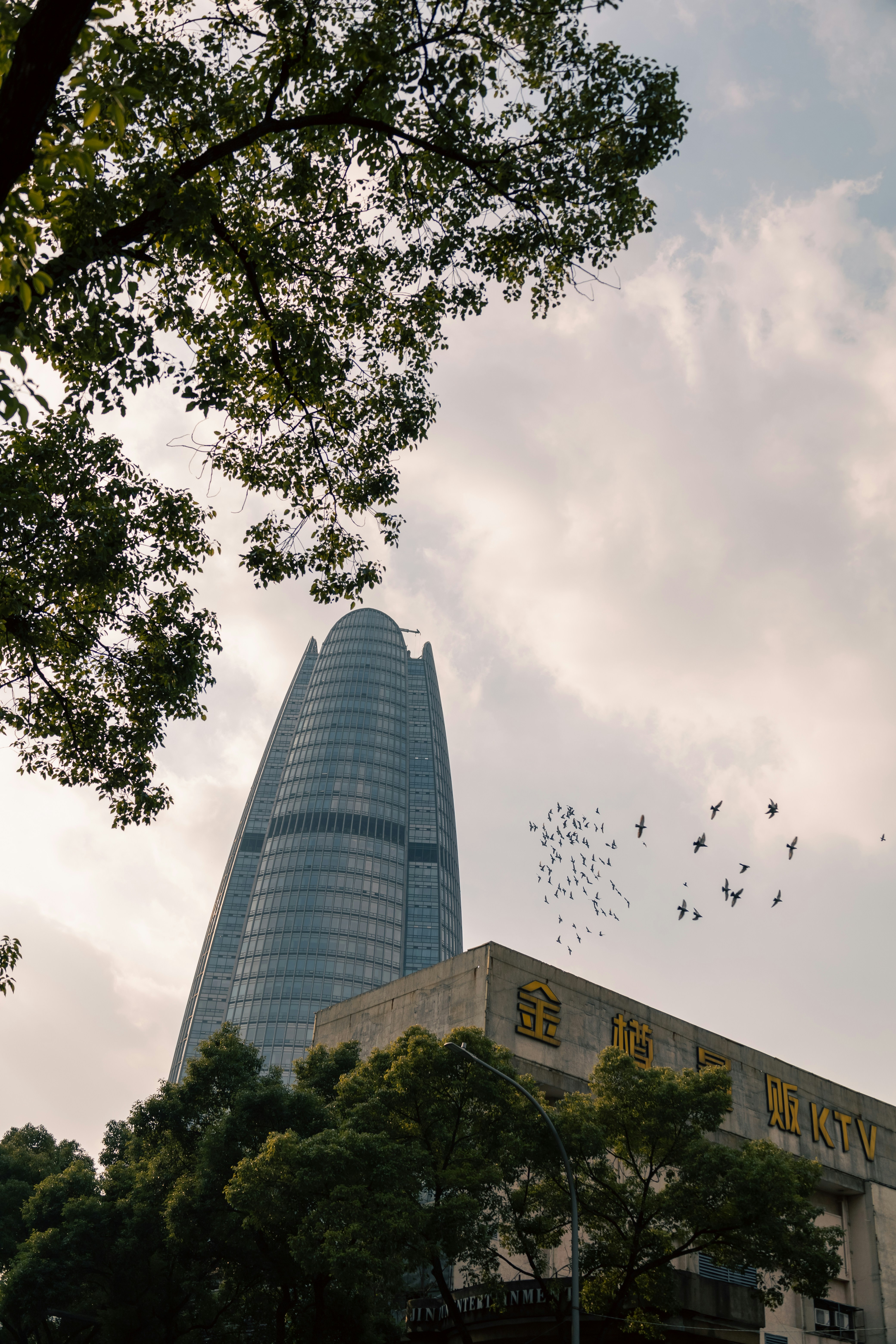 a very tall building with a lot of birds flying around it