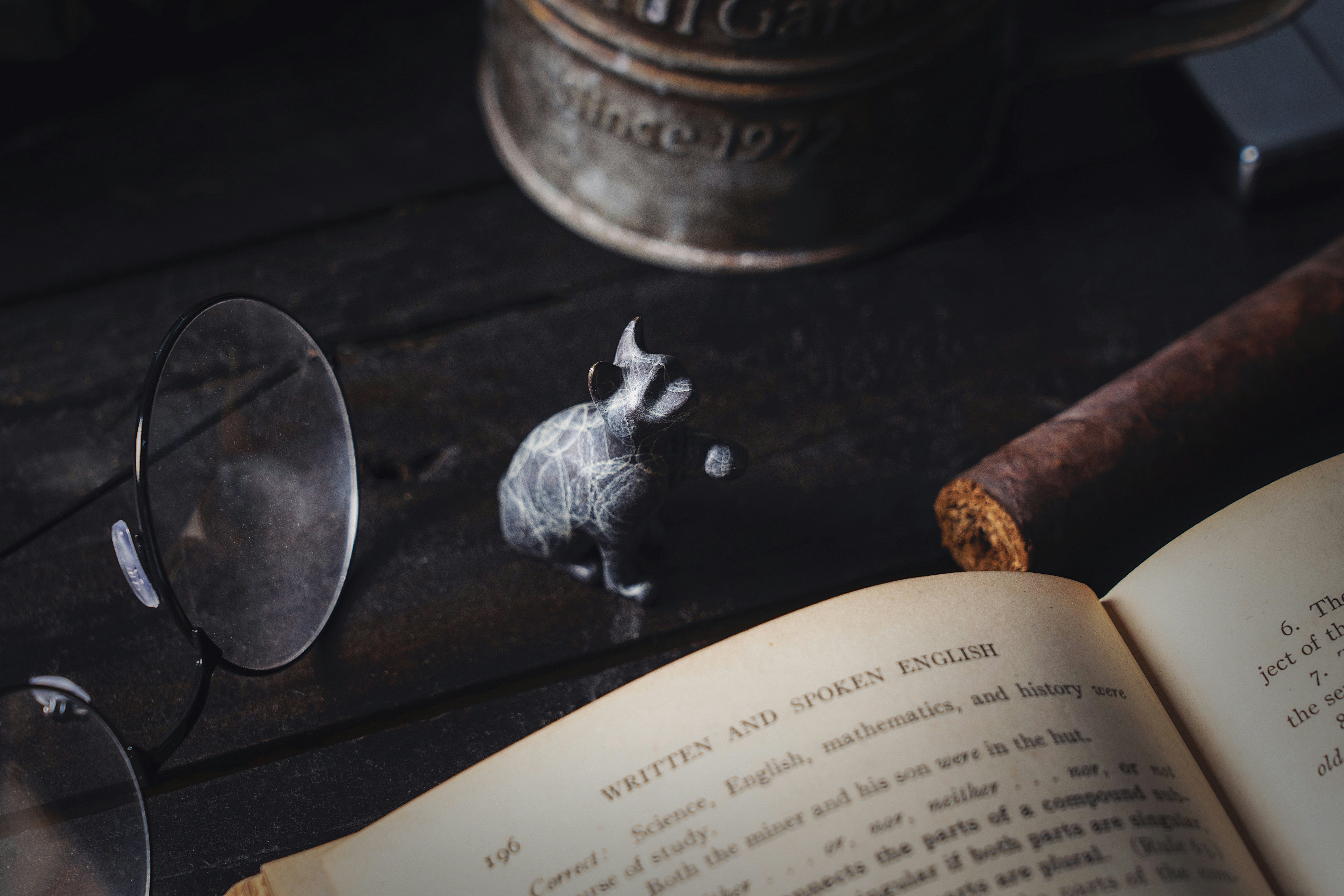 Silent Desk, Glasses, and a Metal Figurine: A Quiet Study Scene