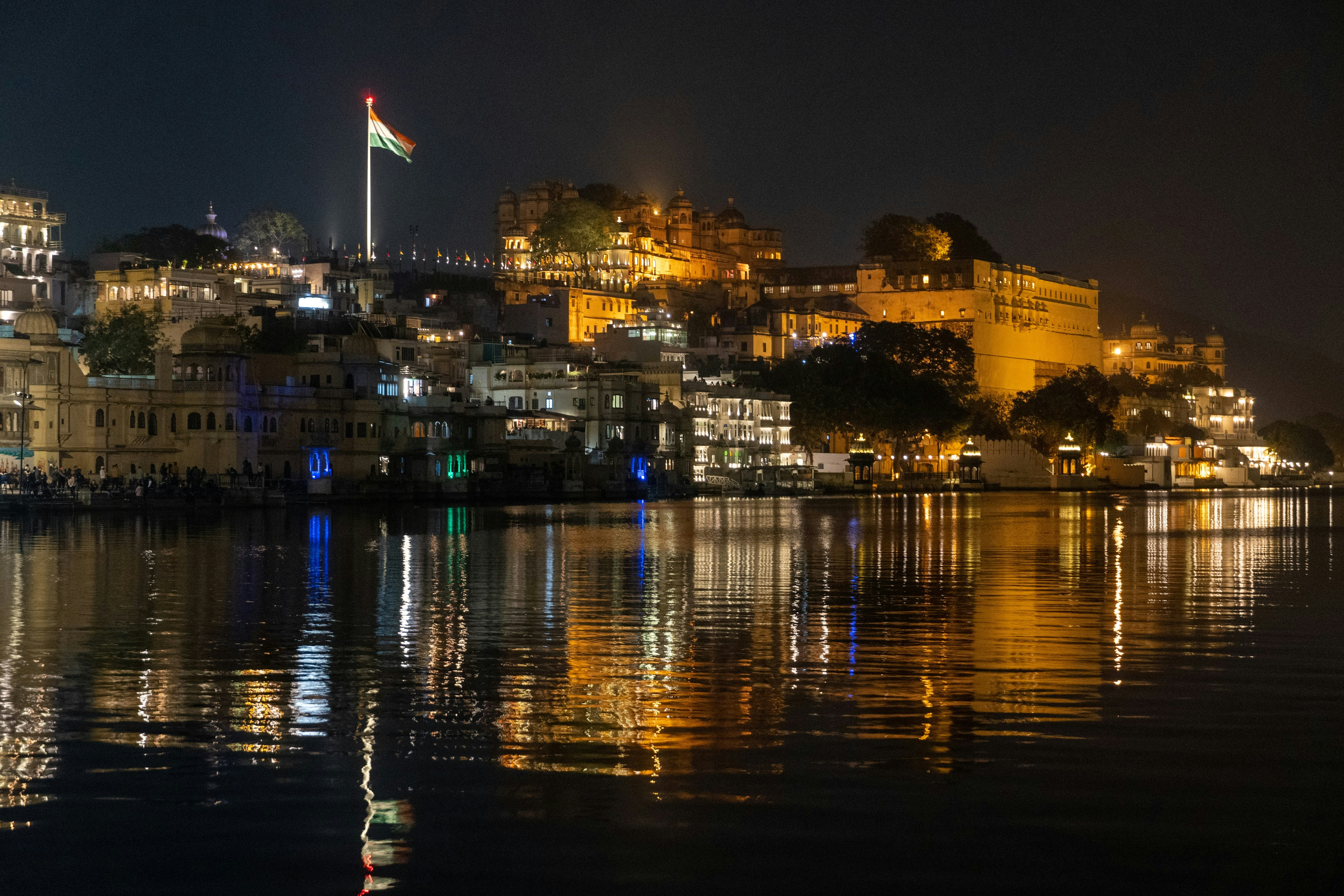 Amber Fortress by the River: Nightscape of Reflected Lights