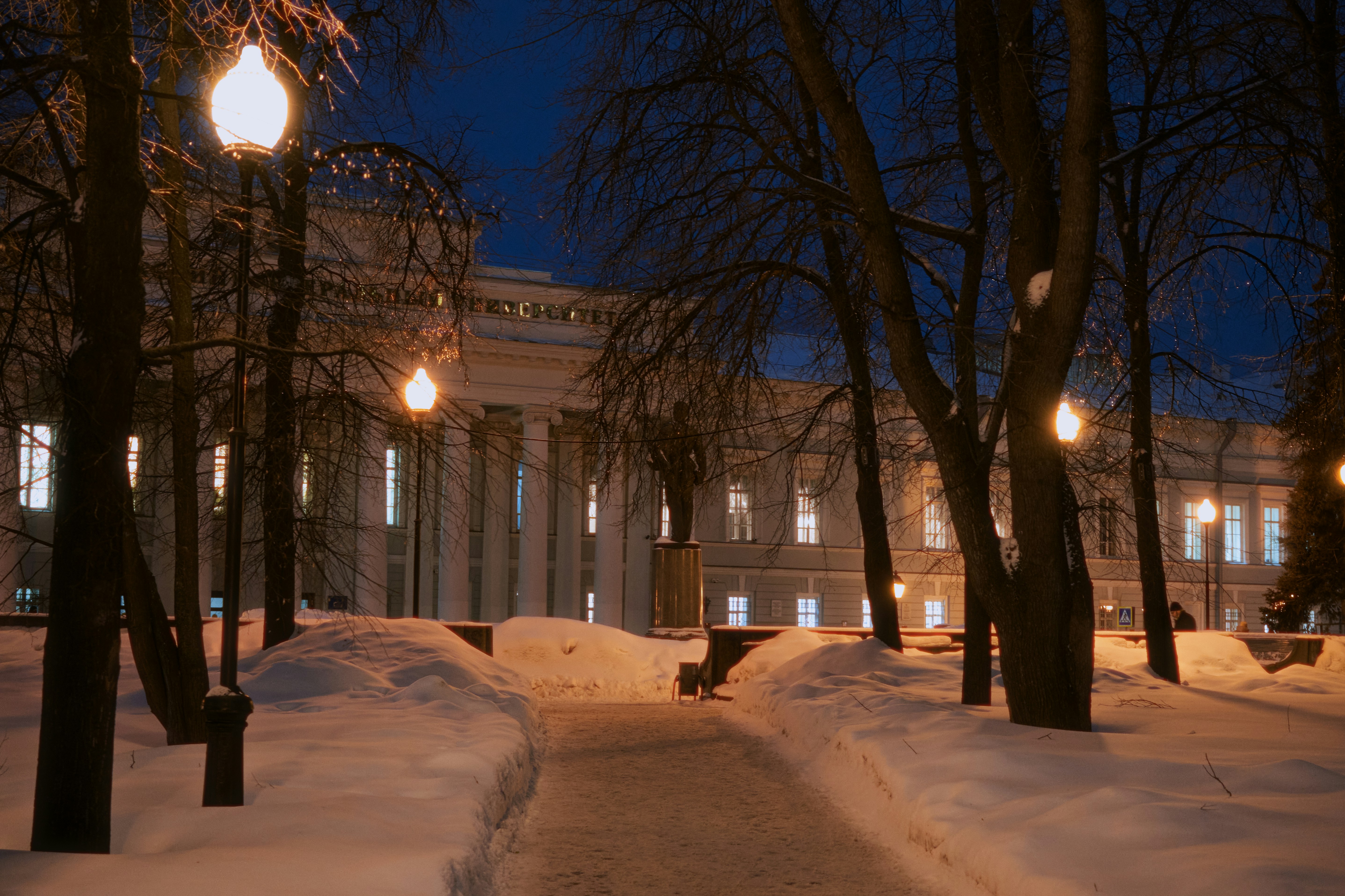 A snowy path in front of a building at night photo – Free Building ...