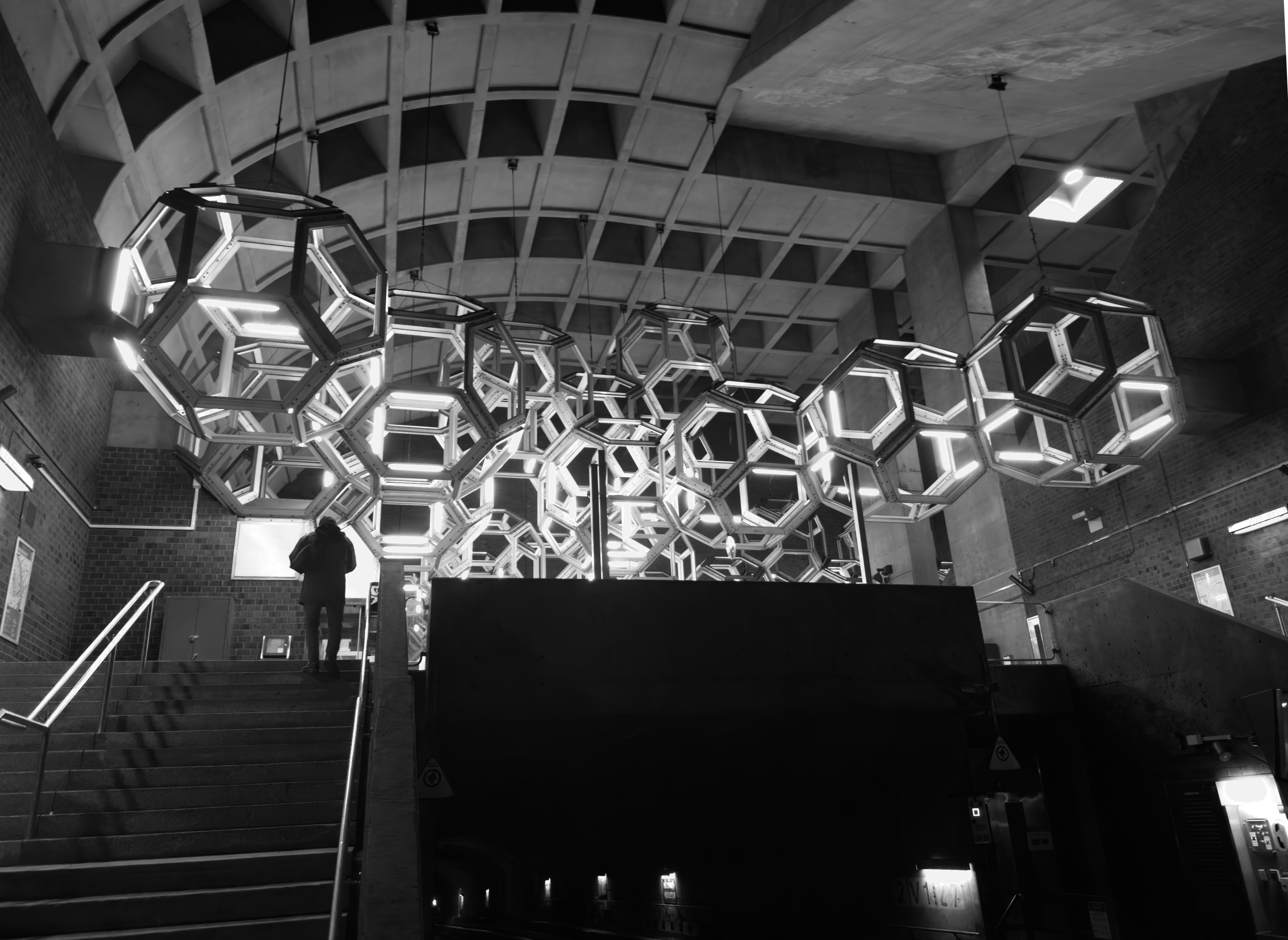 Neon Honeycombs Hover Over a Silent Staircase