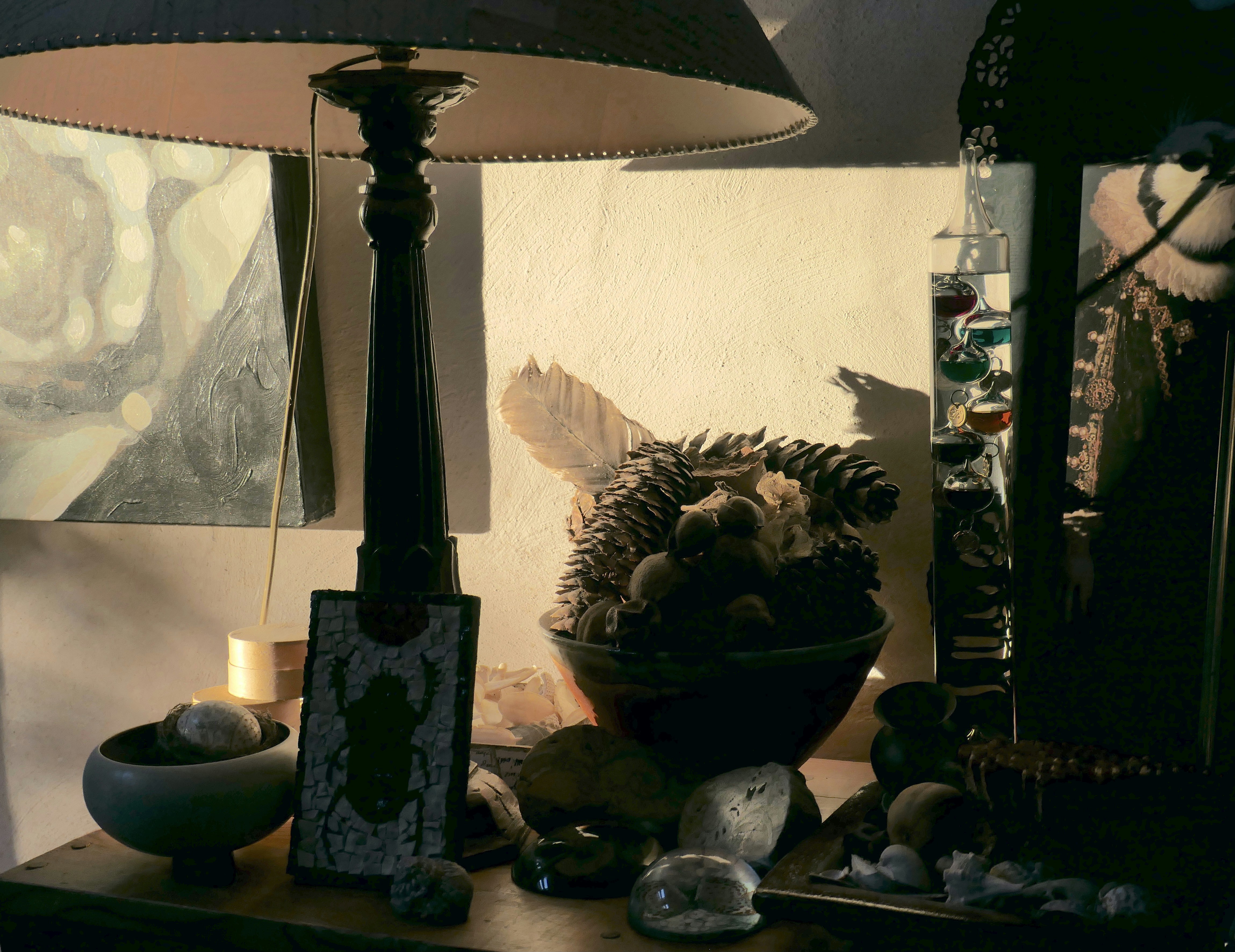A dimly lit still life with a lamp illuminating a collection of natural objects and artwork on a table.