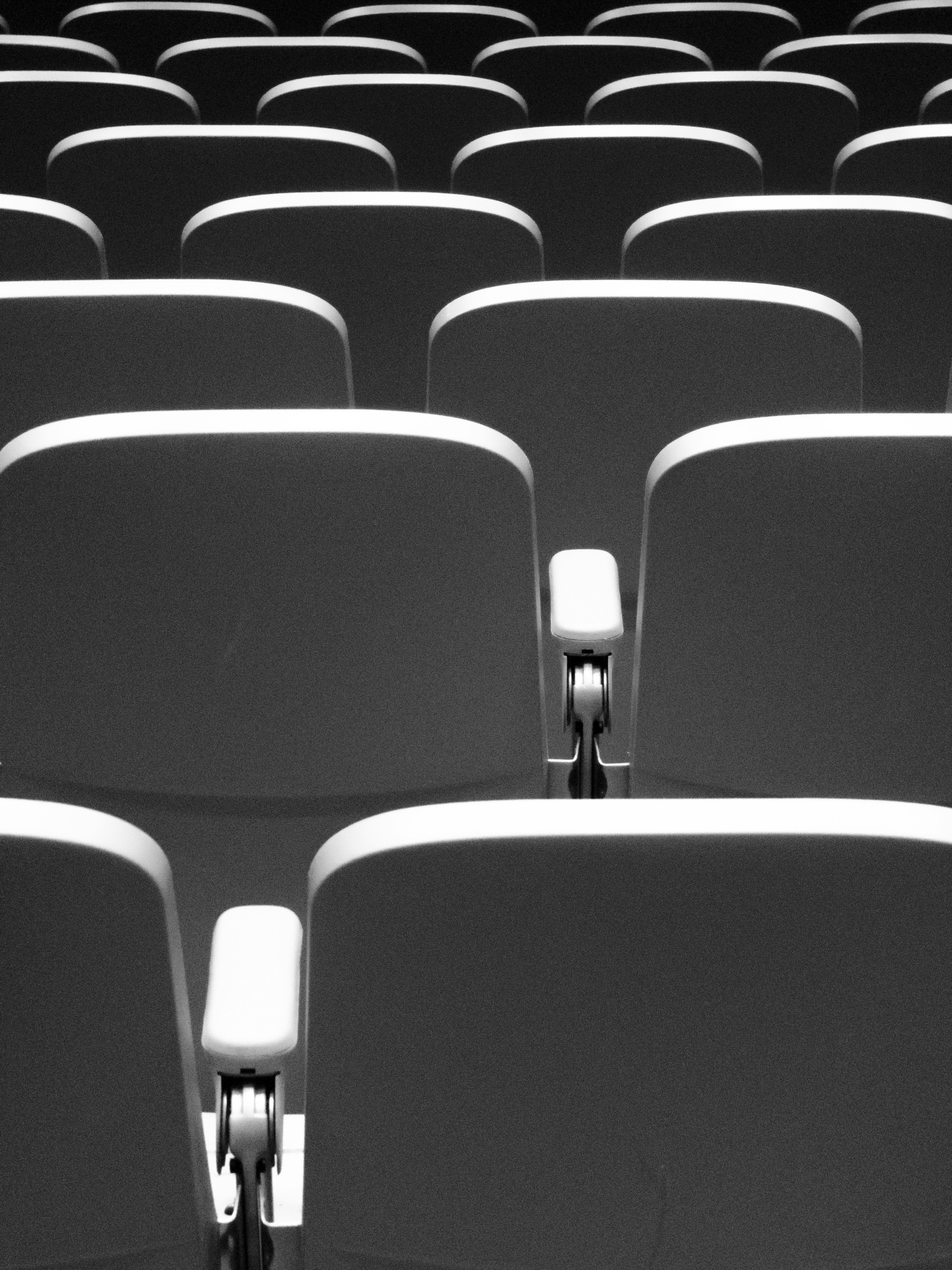 Monochrome rows of empty chairs with noticeable armrests in a theater setting.