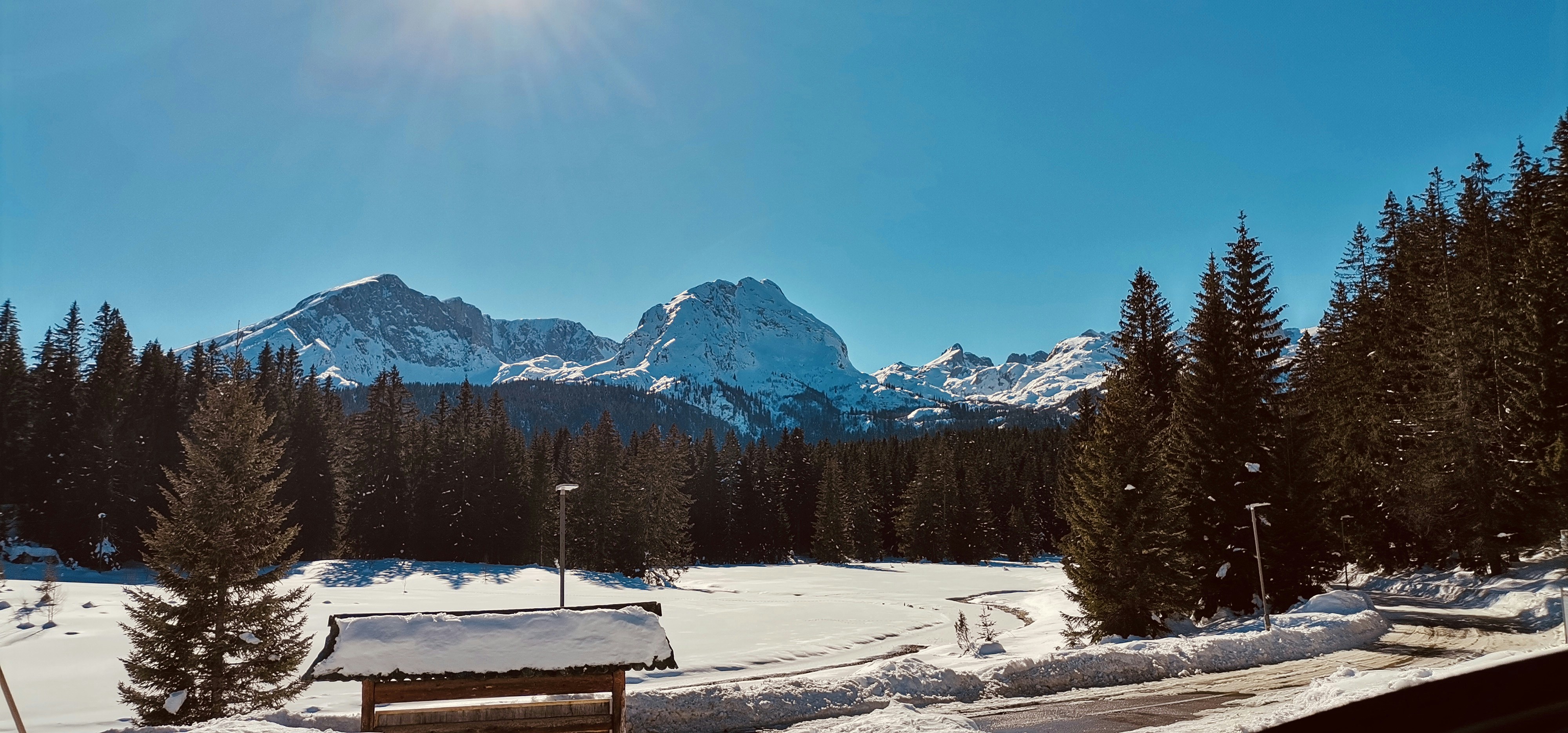 Snow-covered mountains basking in sunlight with a foreground of evergreen trees and a rustic shelter.
