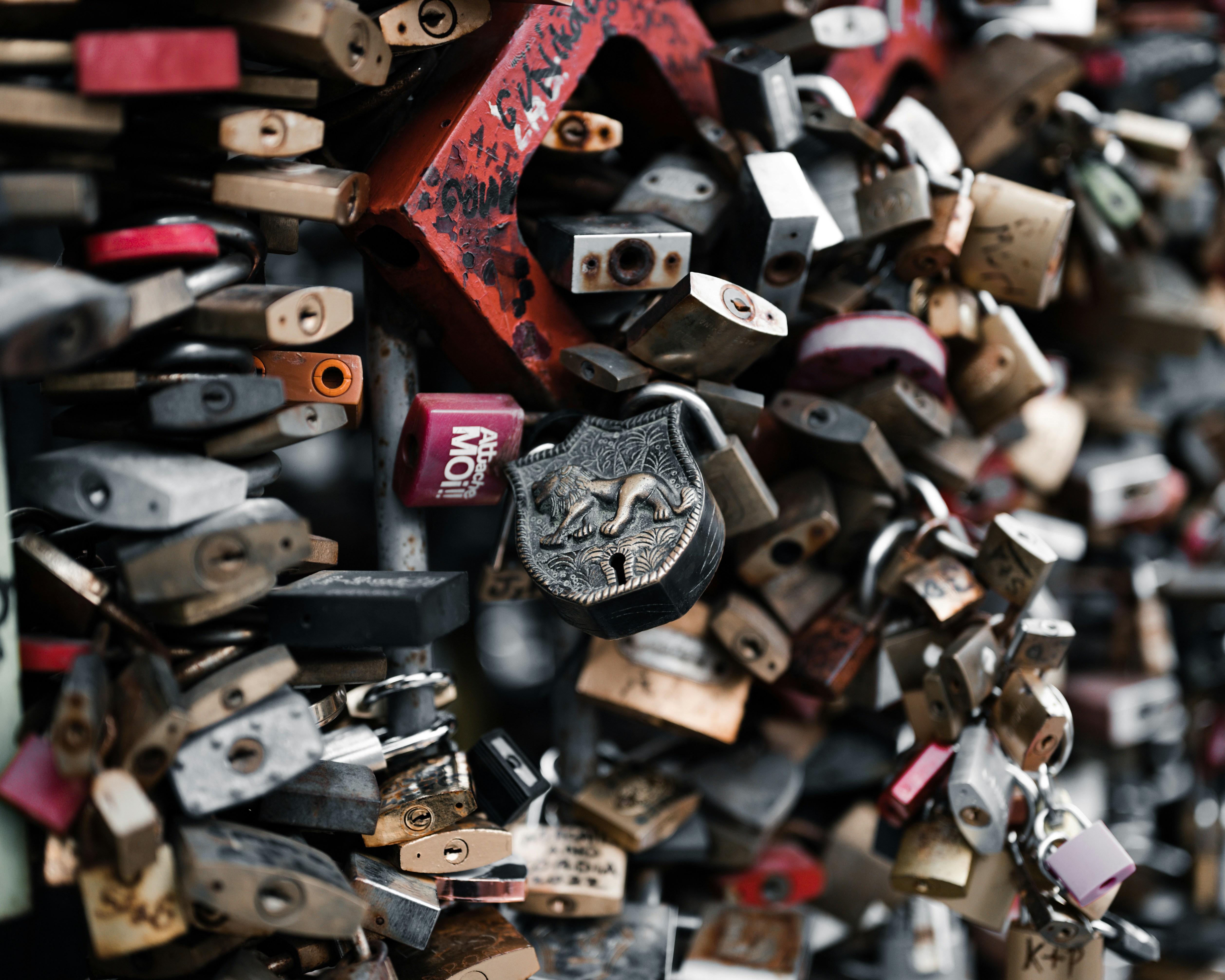 Close-Up of a Tangle of Love Locks on a Weathered Bridge Rail