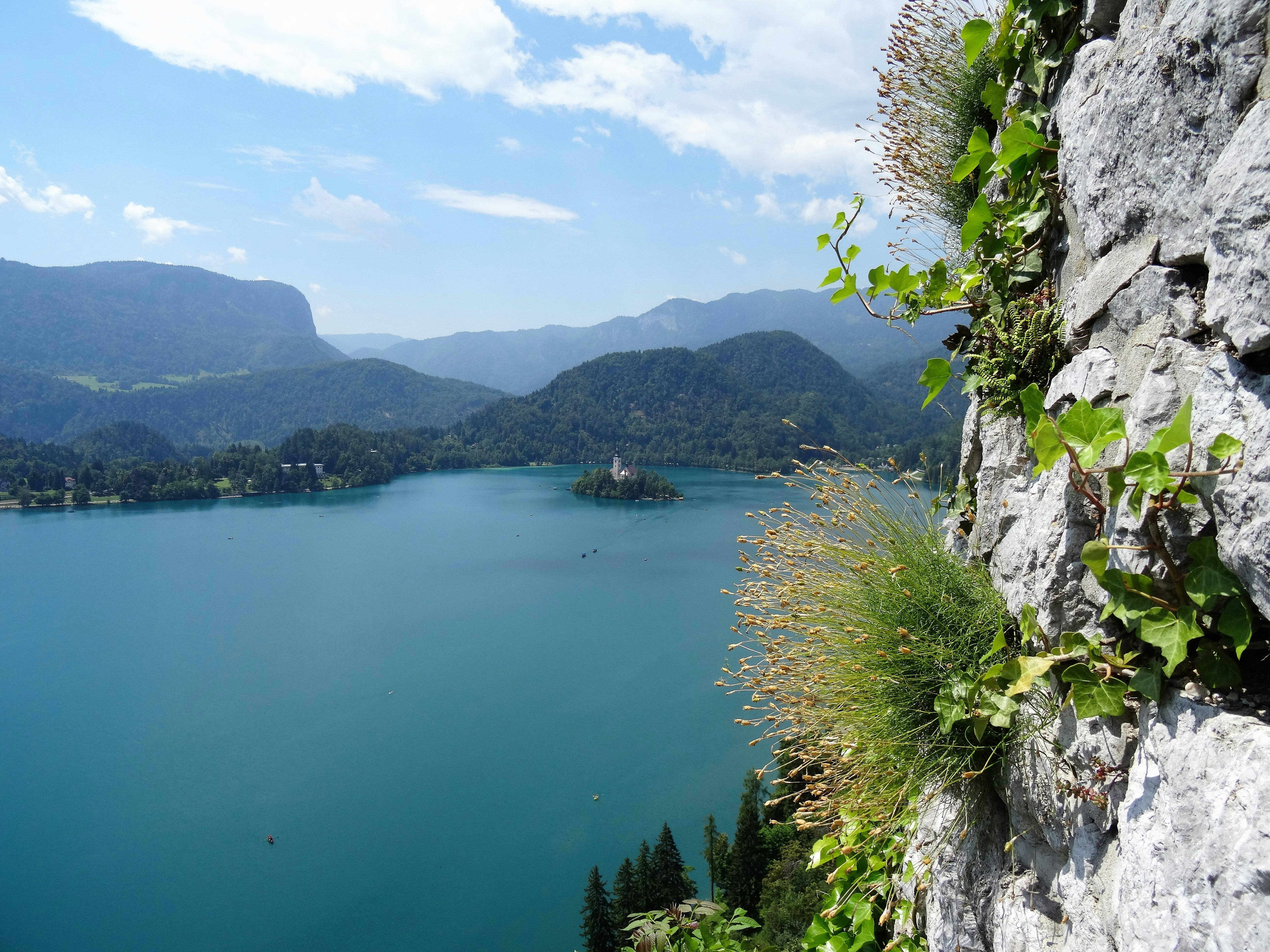 Rocky cliff adorned with greenery overlooks a tranquil blue lake and distant mountains under a partly cloudy sky.