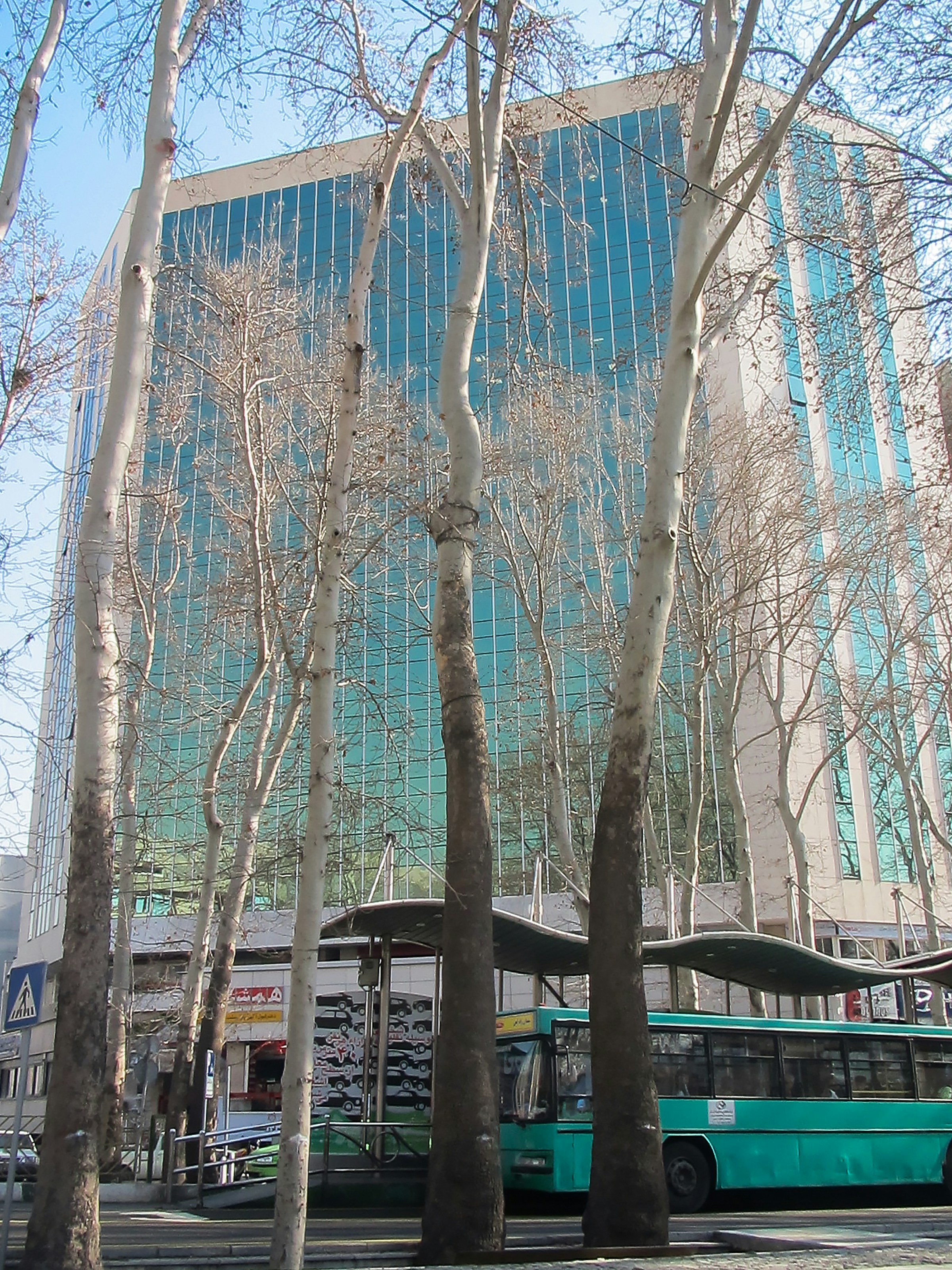 Glass-clad building surrounded by bare trees, showcasing the contrast between nature and urban design. A bus is visible in the foreground.