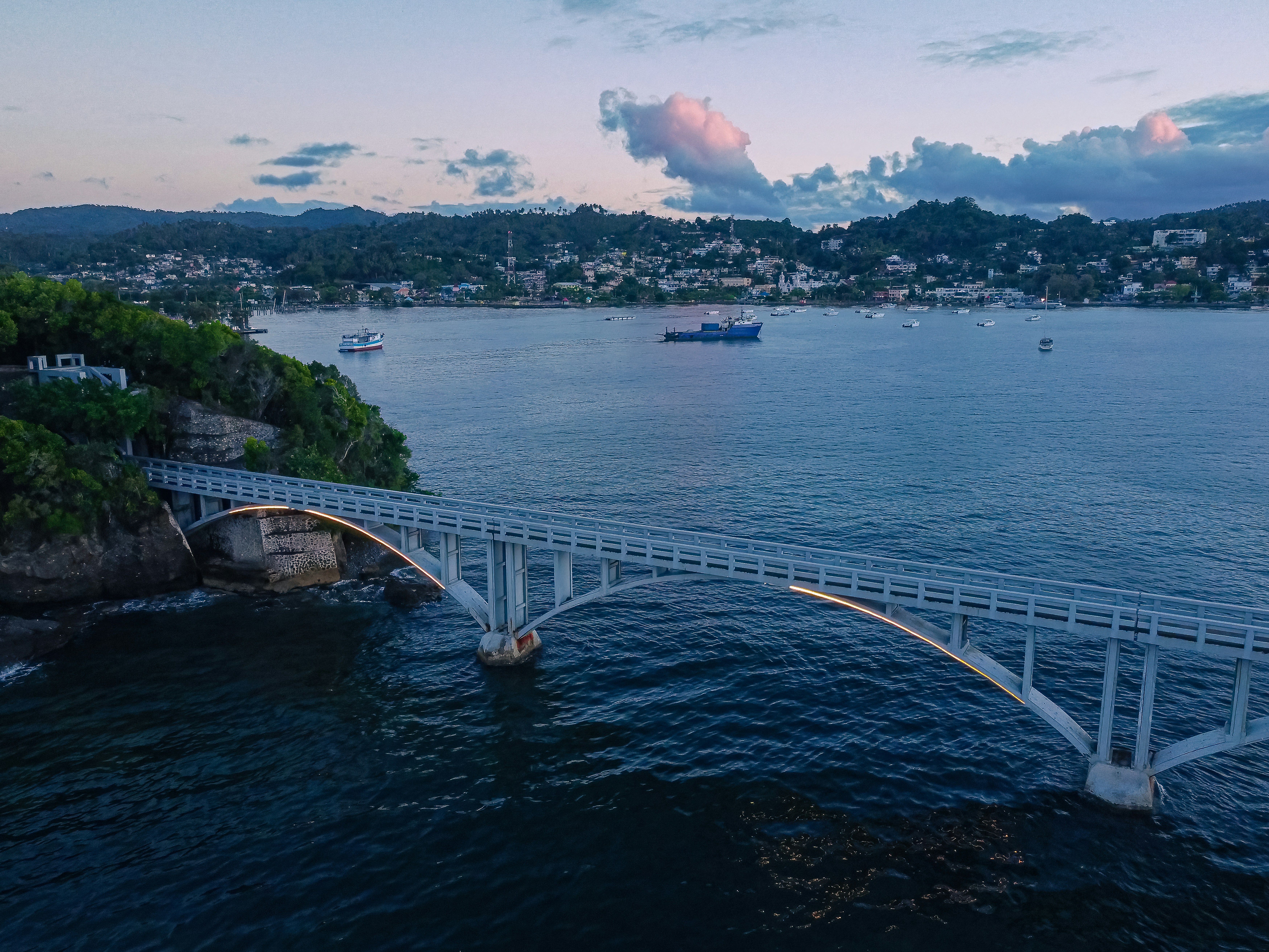 Blue Arc Over Quiet Bay: The Curved Bridge Linking Hillside Harbor