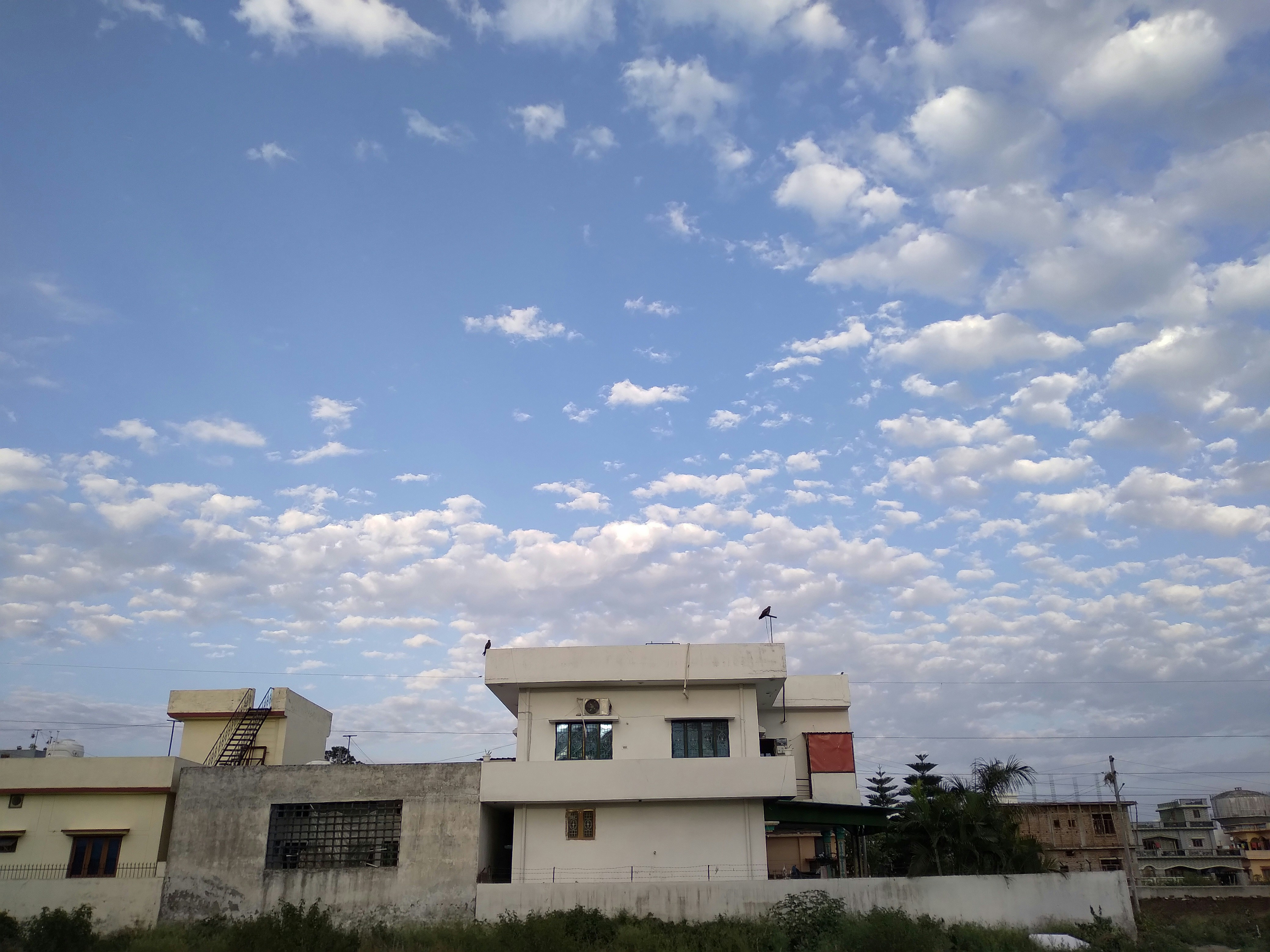 Urban Rooftop Quiet under a Sky of Puffed Clouds