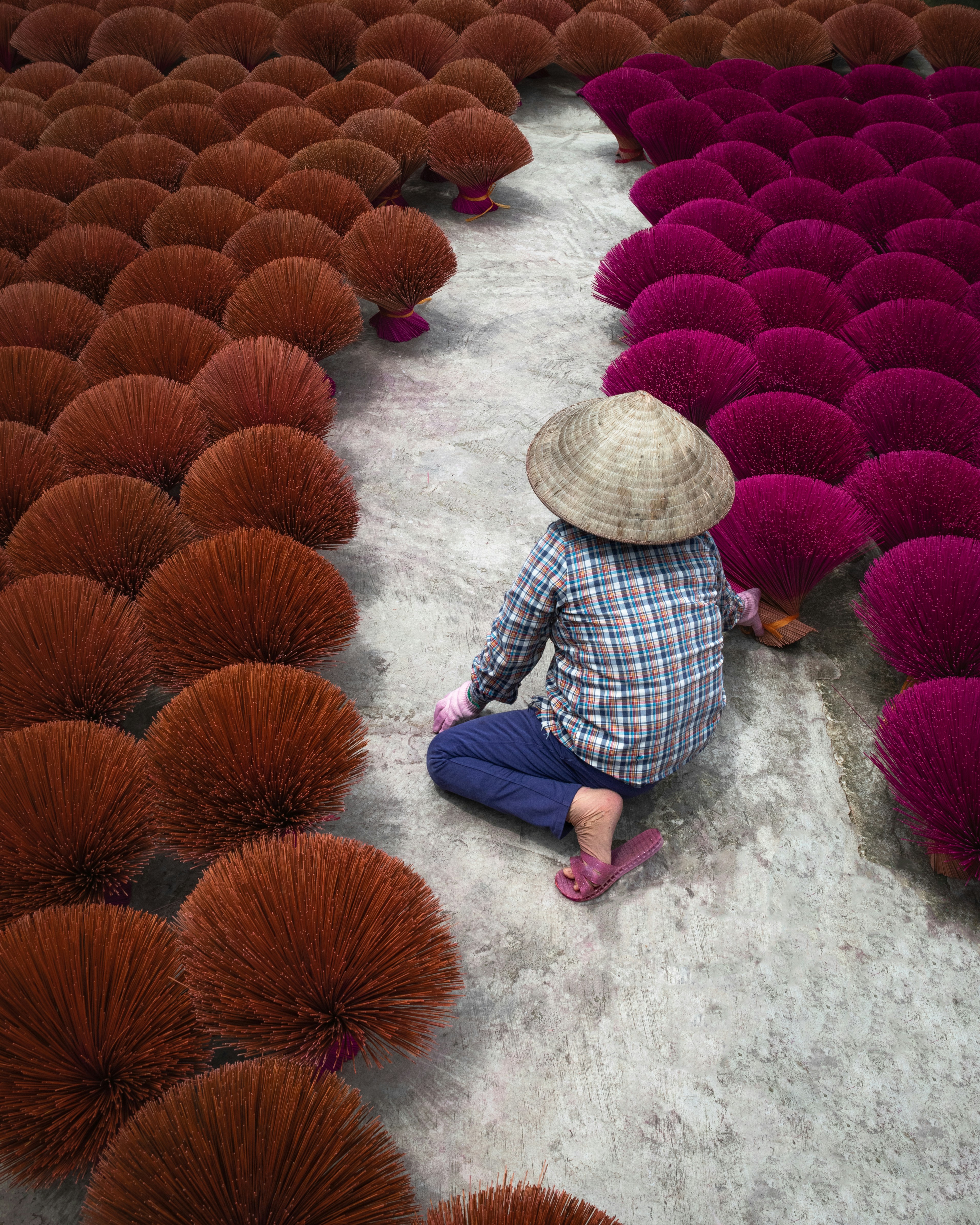 A skilled artisan sits amidst vibrant clusters of drying incense sticks, showcasing the intricate craftsmanship involved in this traditional process.