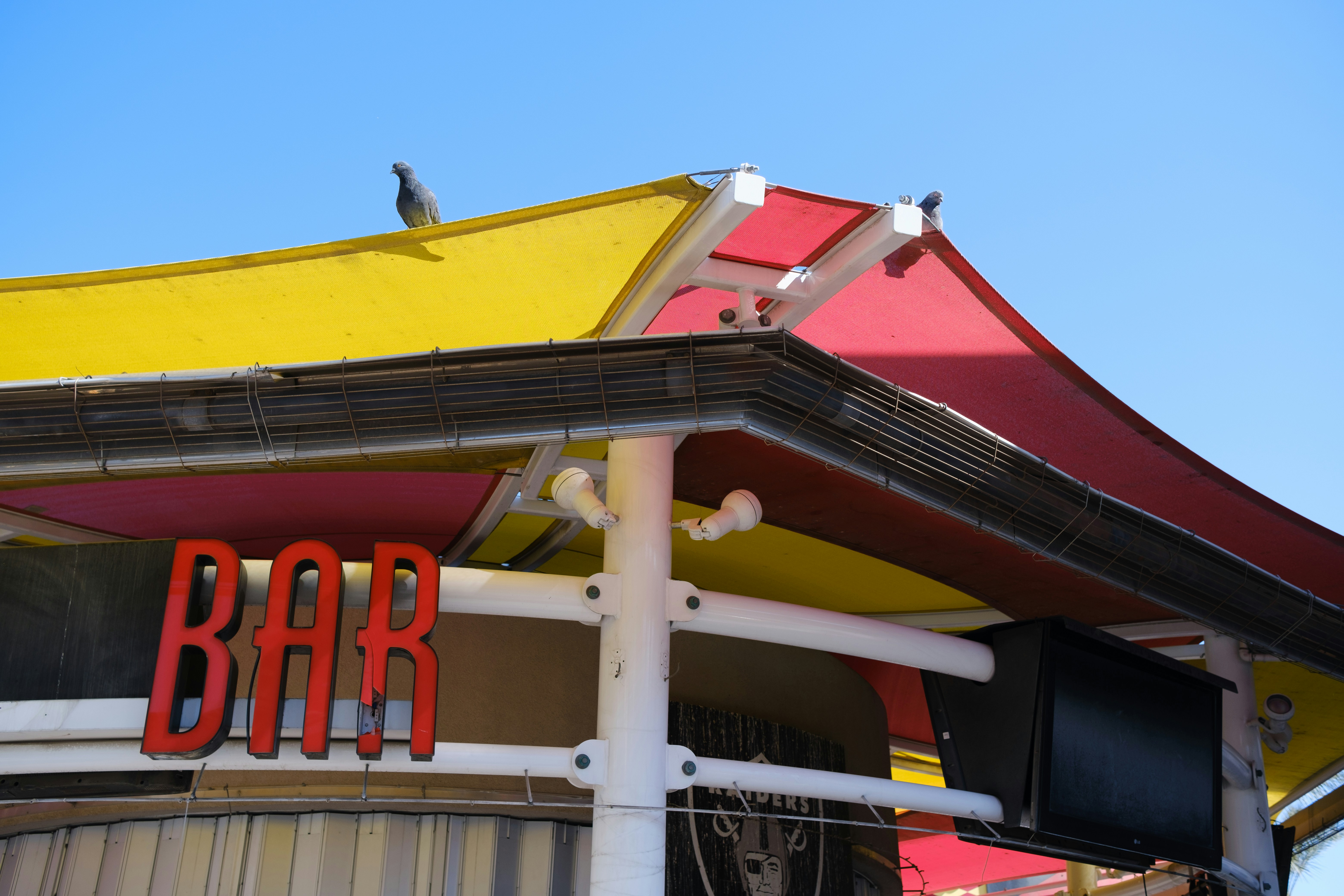 Neon Bar Sign Under a Colorful Canopy