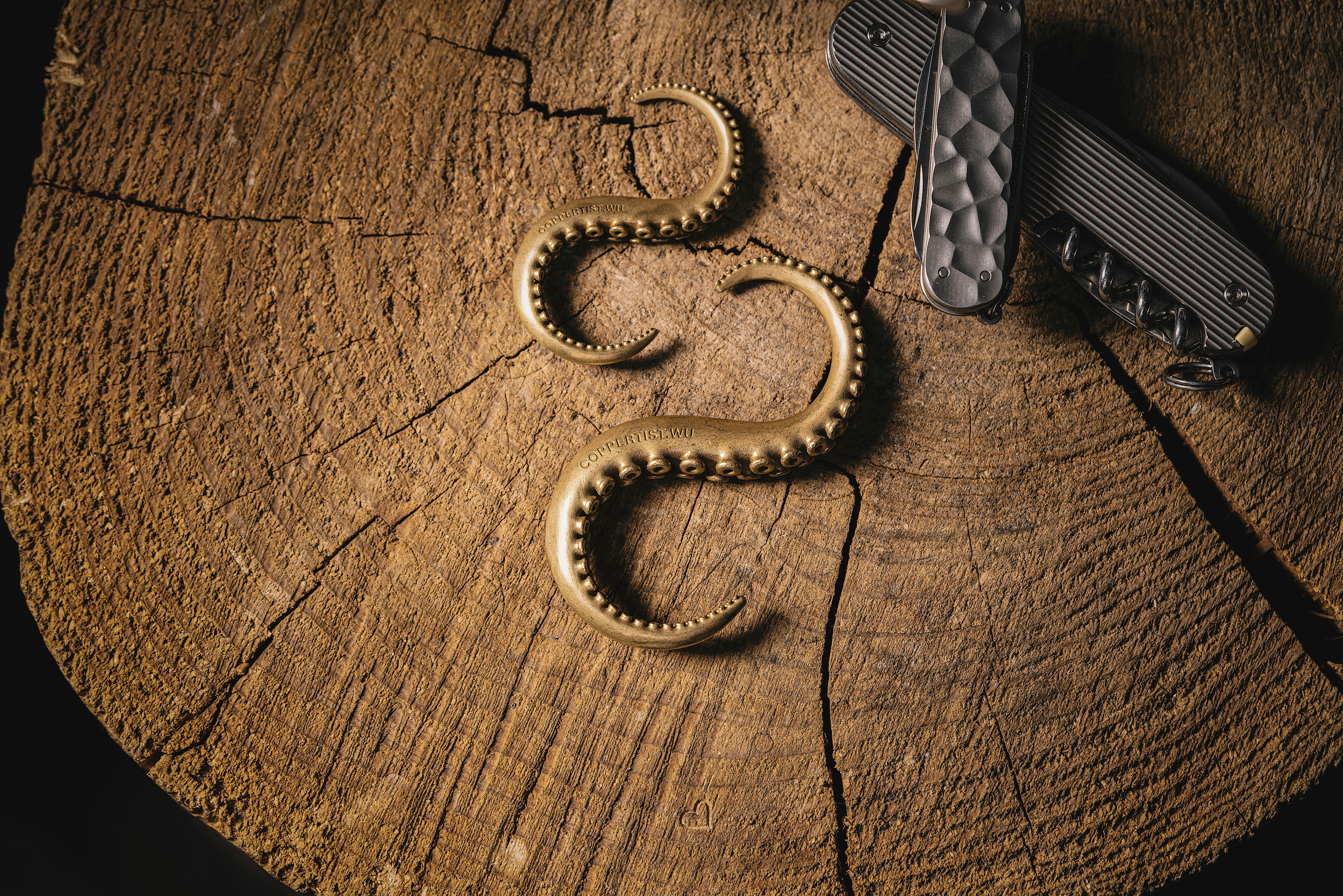 Three Brass Hooks on a Sunlit Tree Stump with a Textured Knife