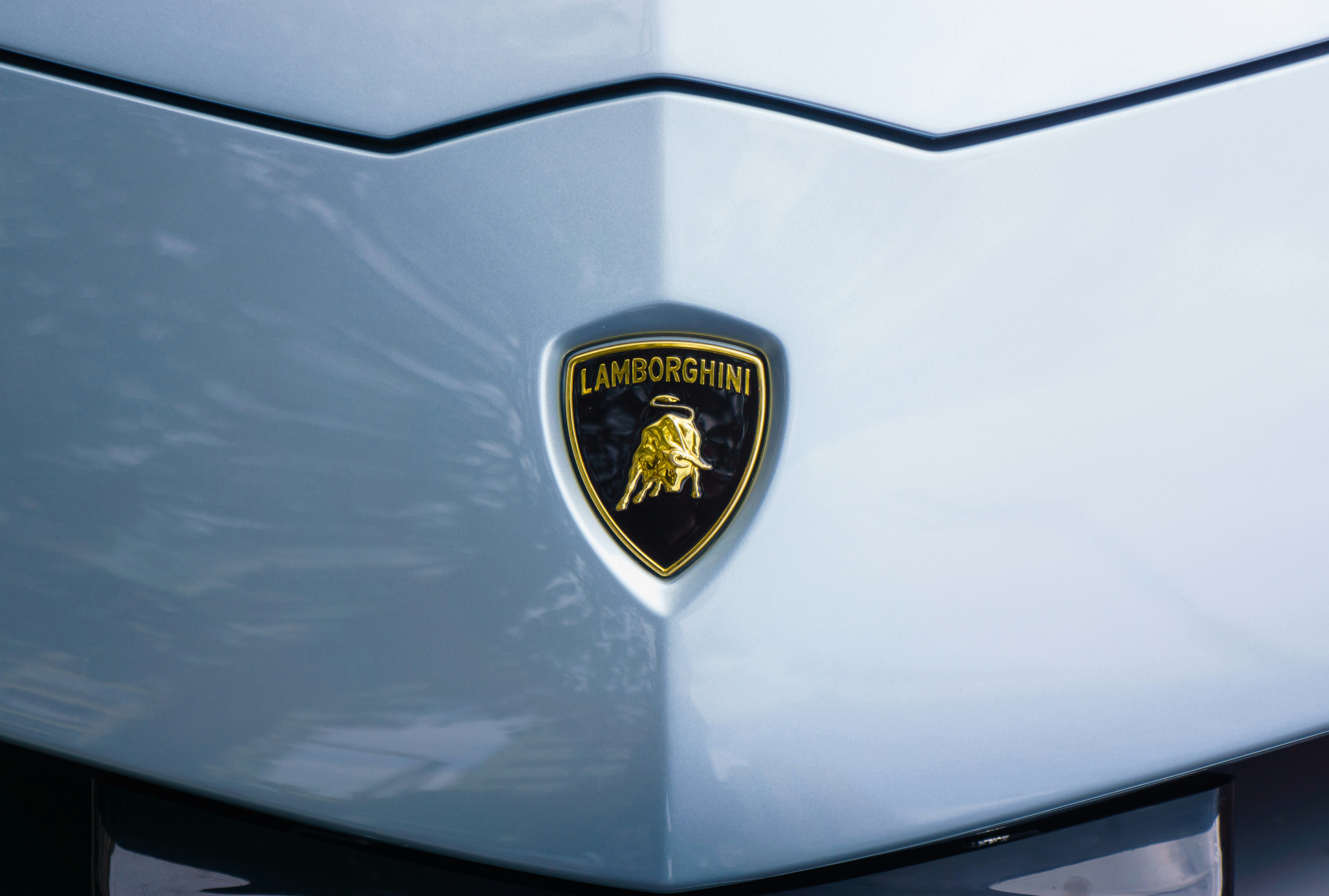 Emblem in chrome: Lamborghini crest centered on a gleaming silver hood