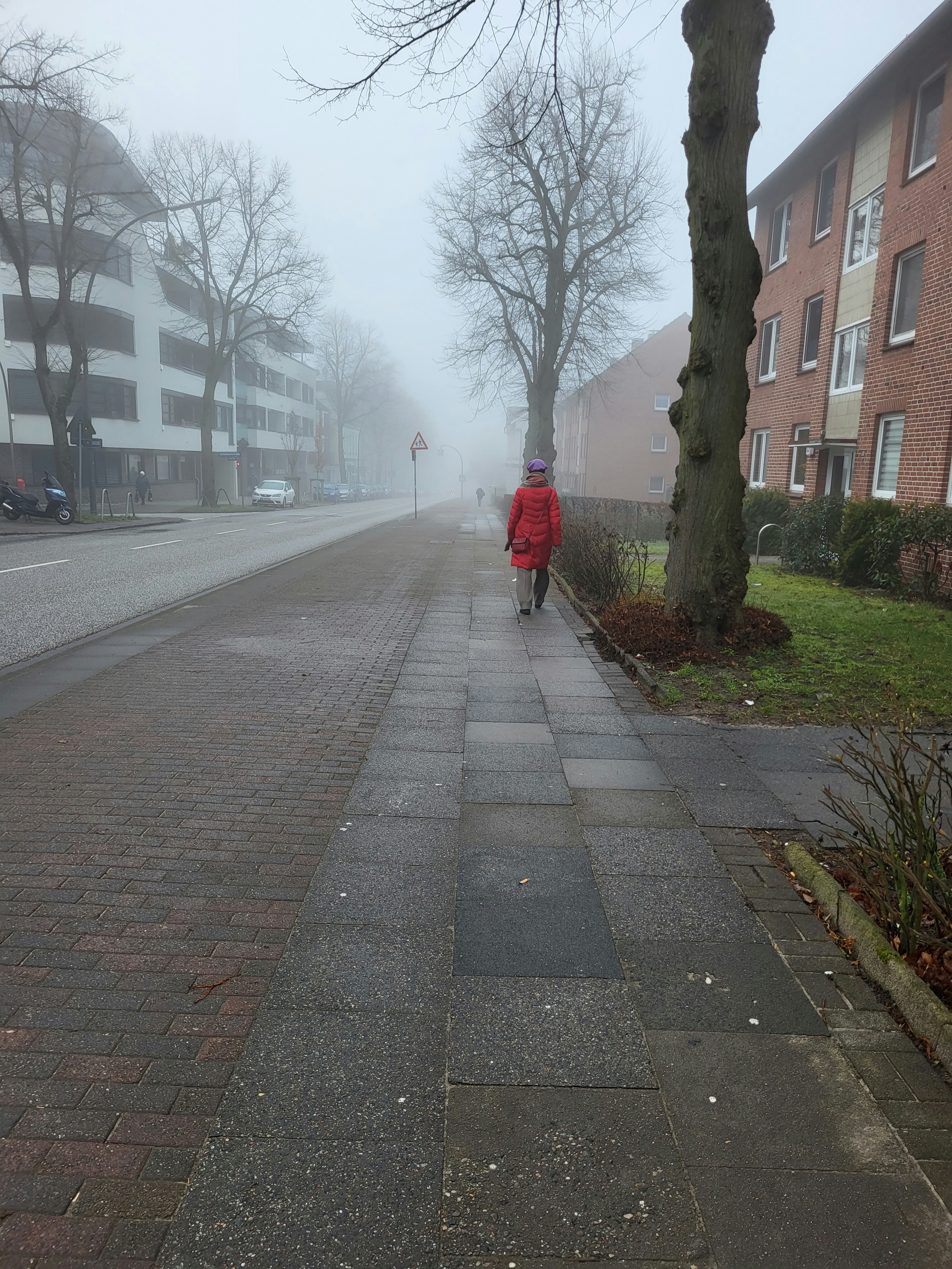 A photo shows a lone figure in a bright red coat walking away along a foggy urban sidewalk, framed by bare trees and brick buildings.