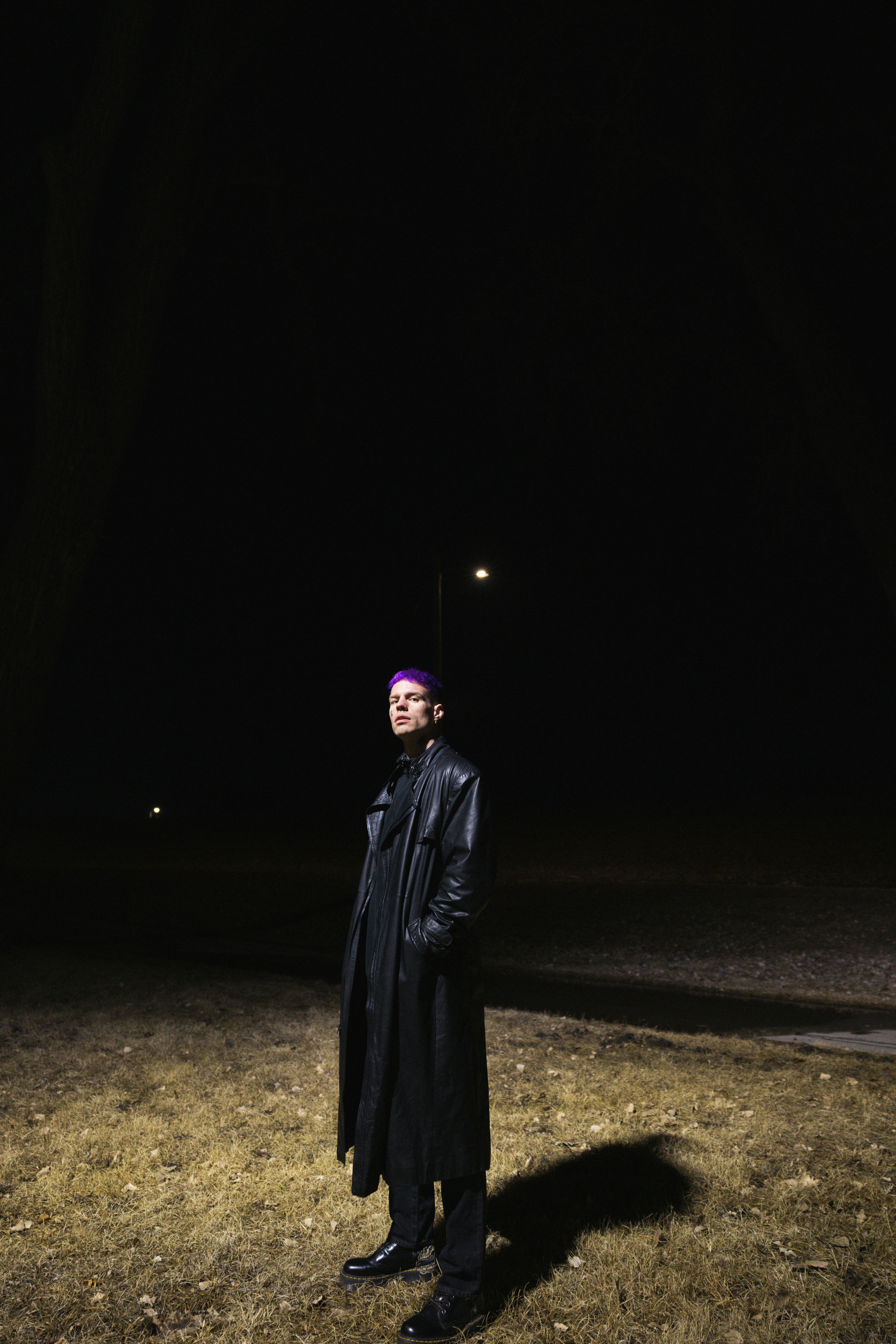 Midnight Pose: Velvet Coat and Neon Hair Under Streetlight
