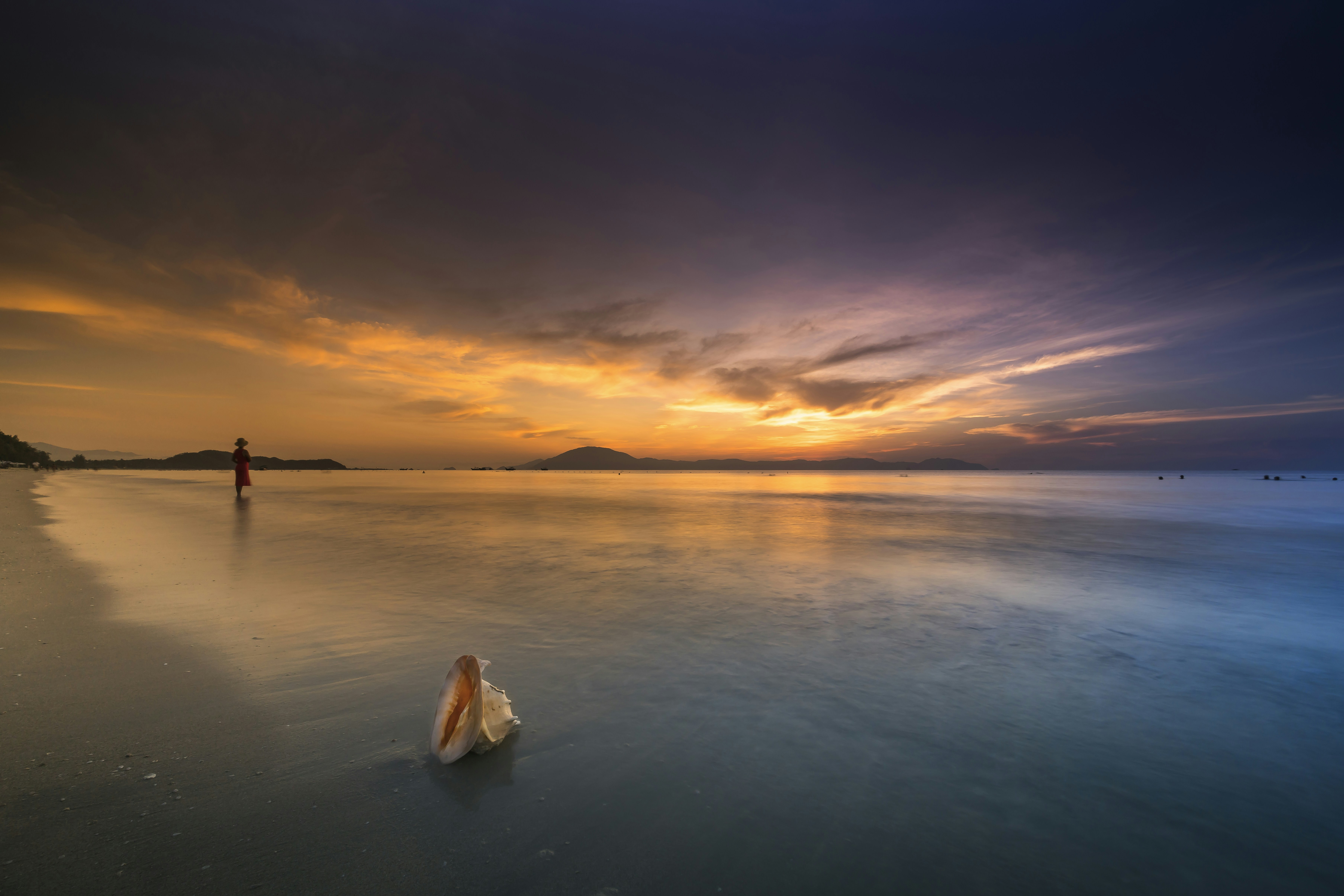 Shell on the shore: a tranquil sunset scene with a distant silhouette