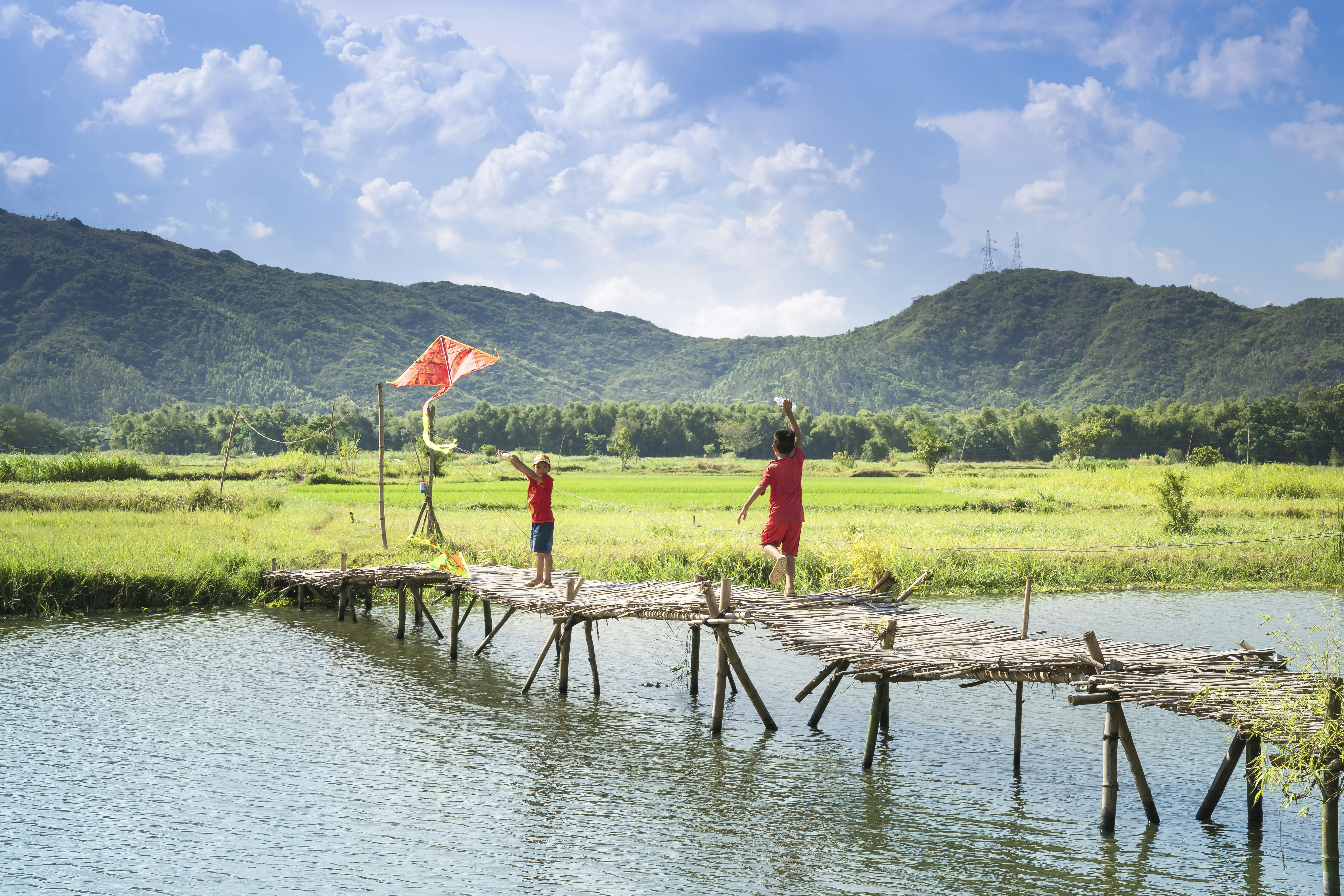 a couple of people that are standing on a bridge