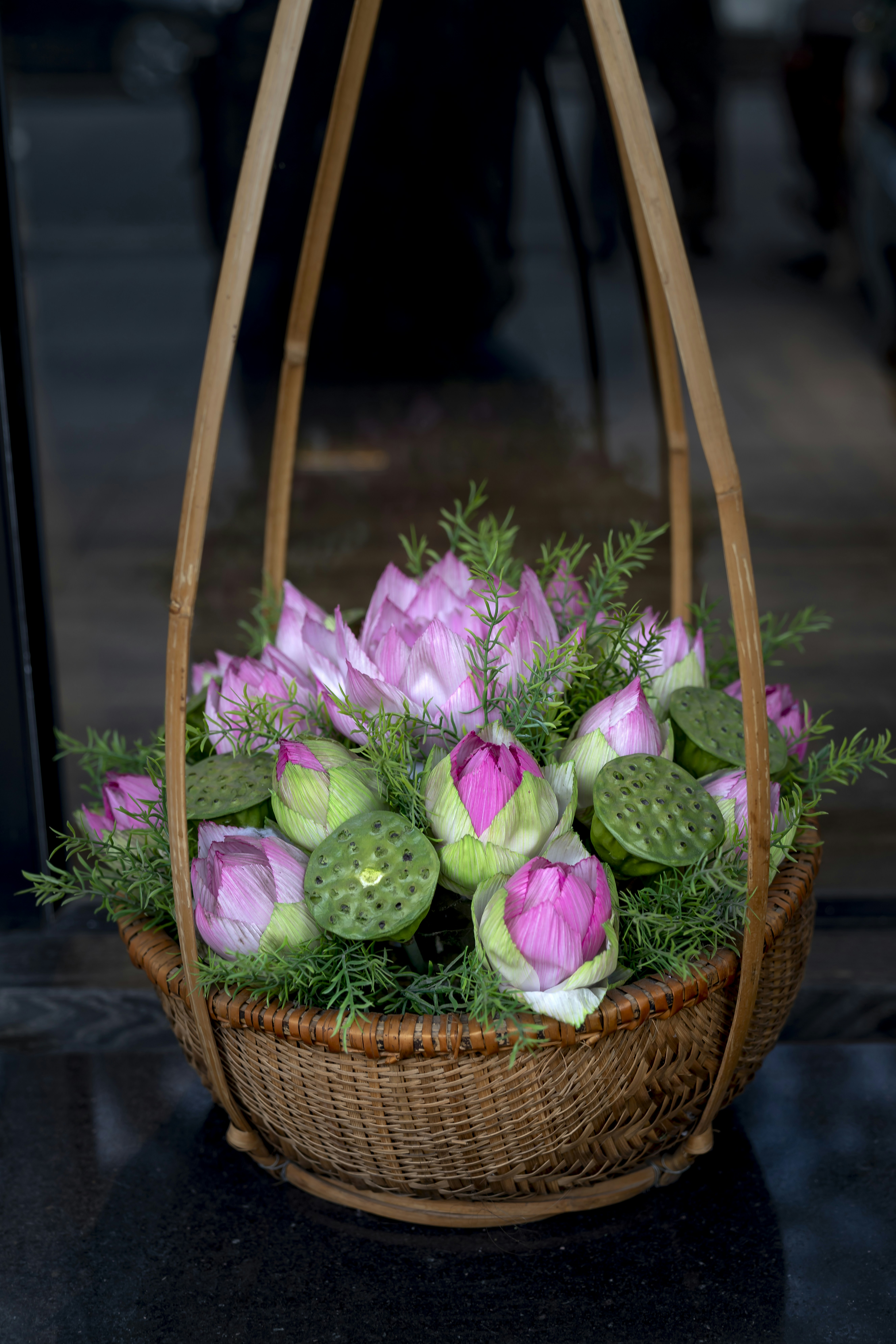 Blooming Basket of Lotus Buds in a Wooden Carrying Frame