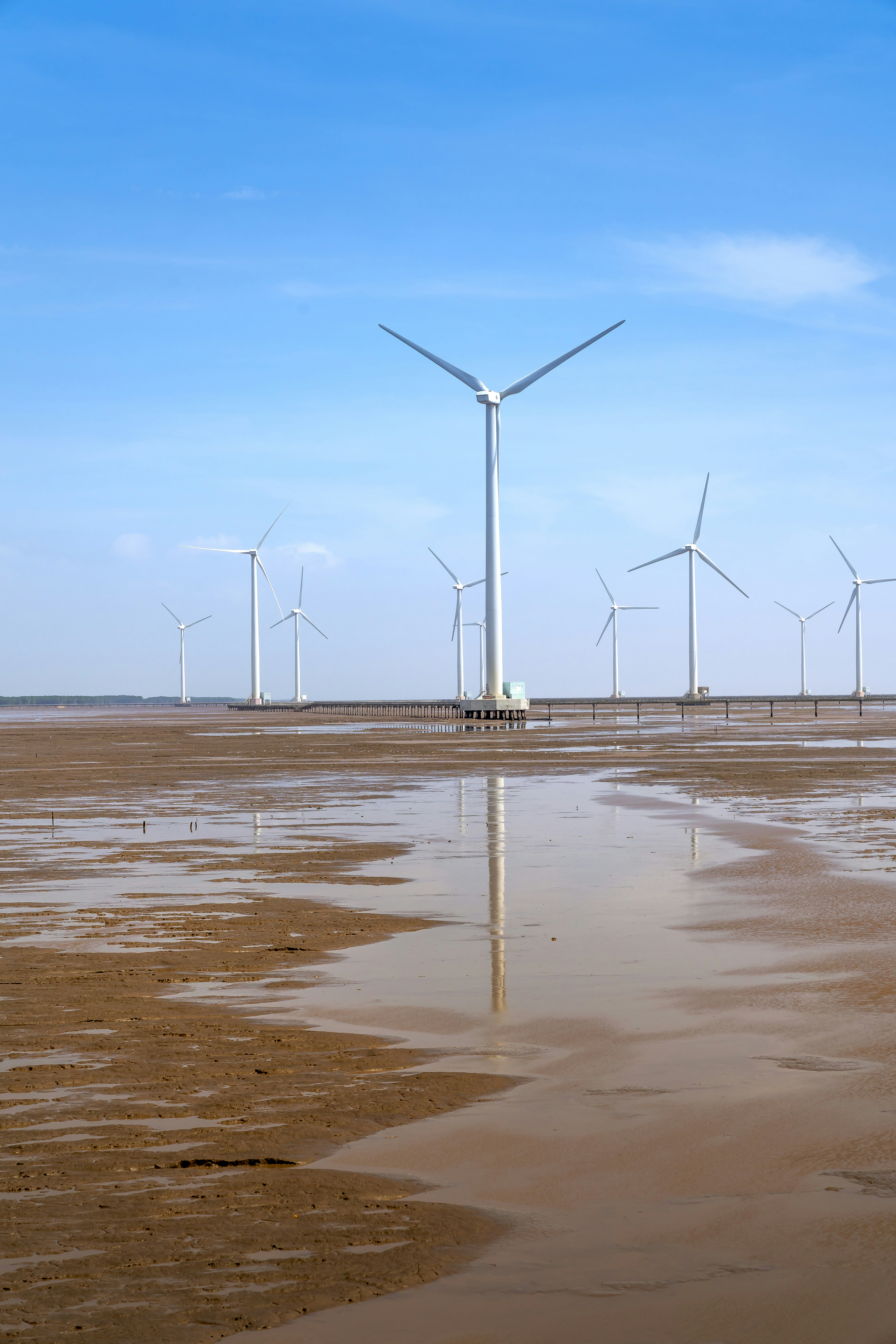 A group of windmills in the distance on a beach photo – Free Machine ...