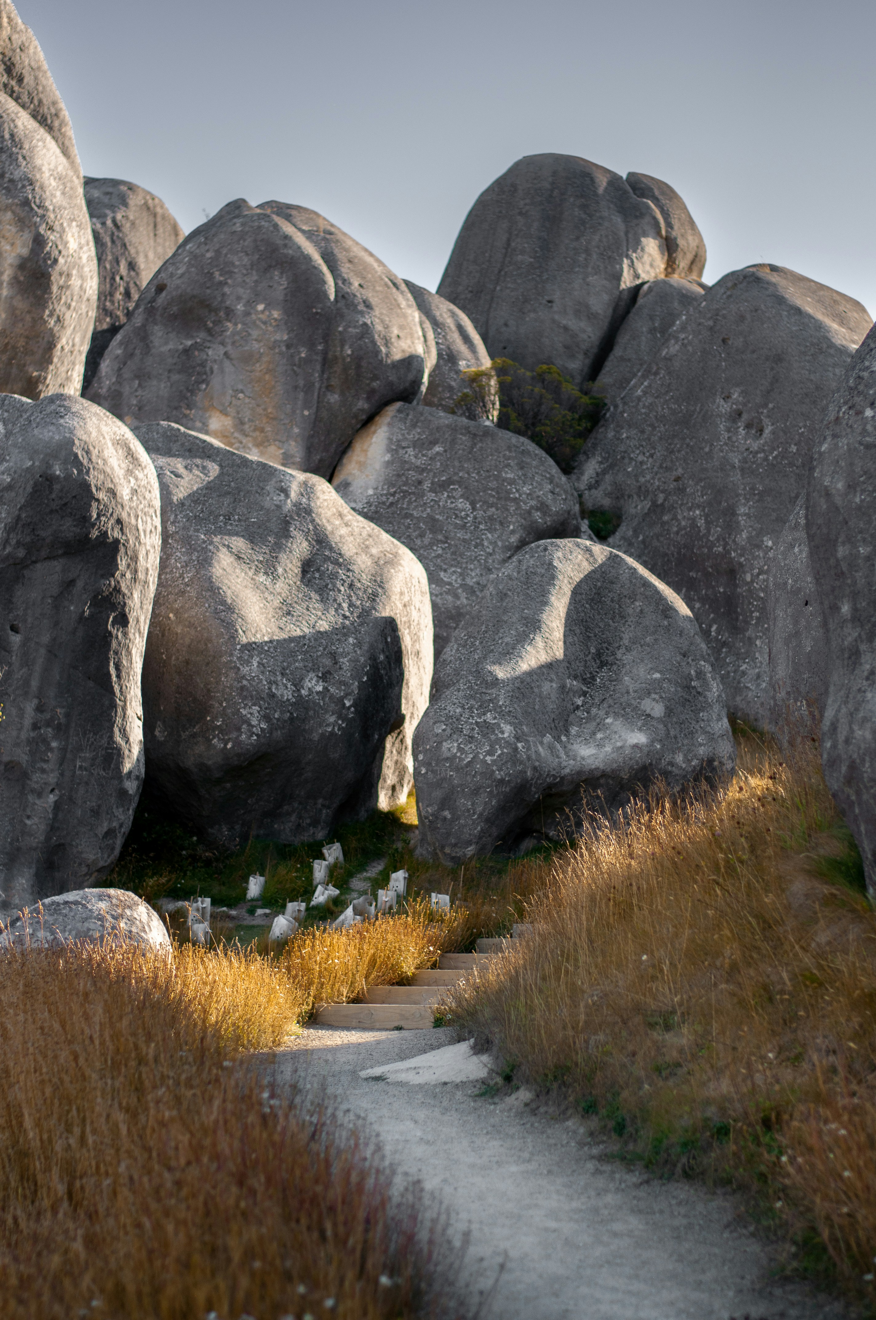 Massive boulders loom over a winding path, framed by golden grasses, leading the viewer into a serene natural landscape.