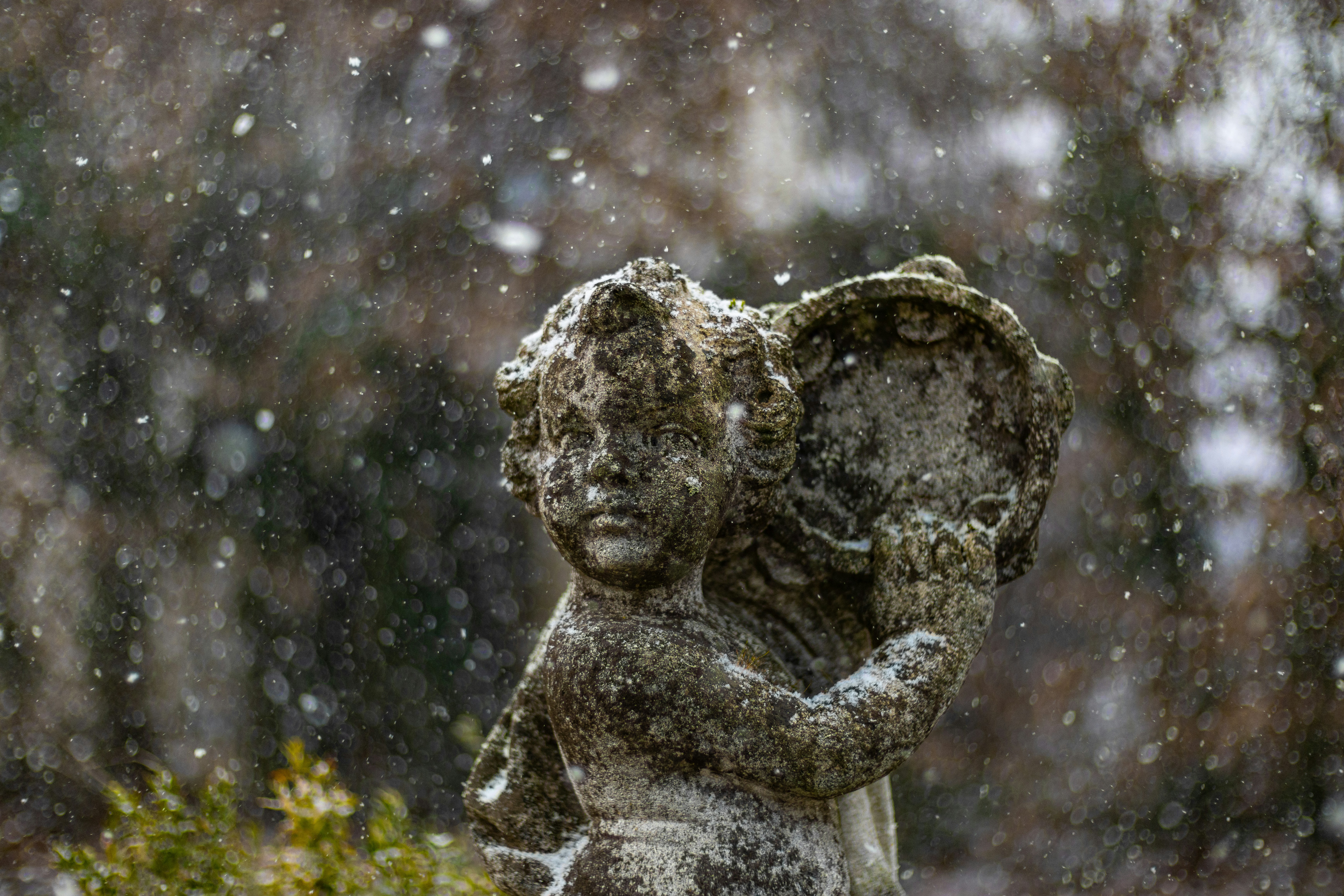 Weathered Angel in Snow: A Quiet Moment with Time-Stopped Snowflakes