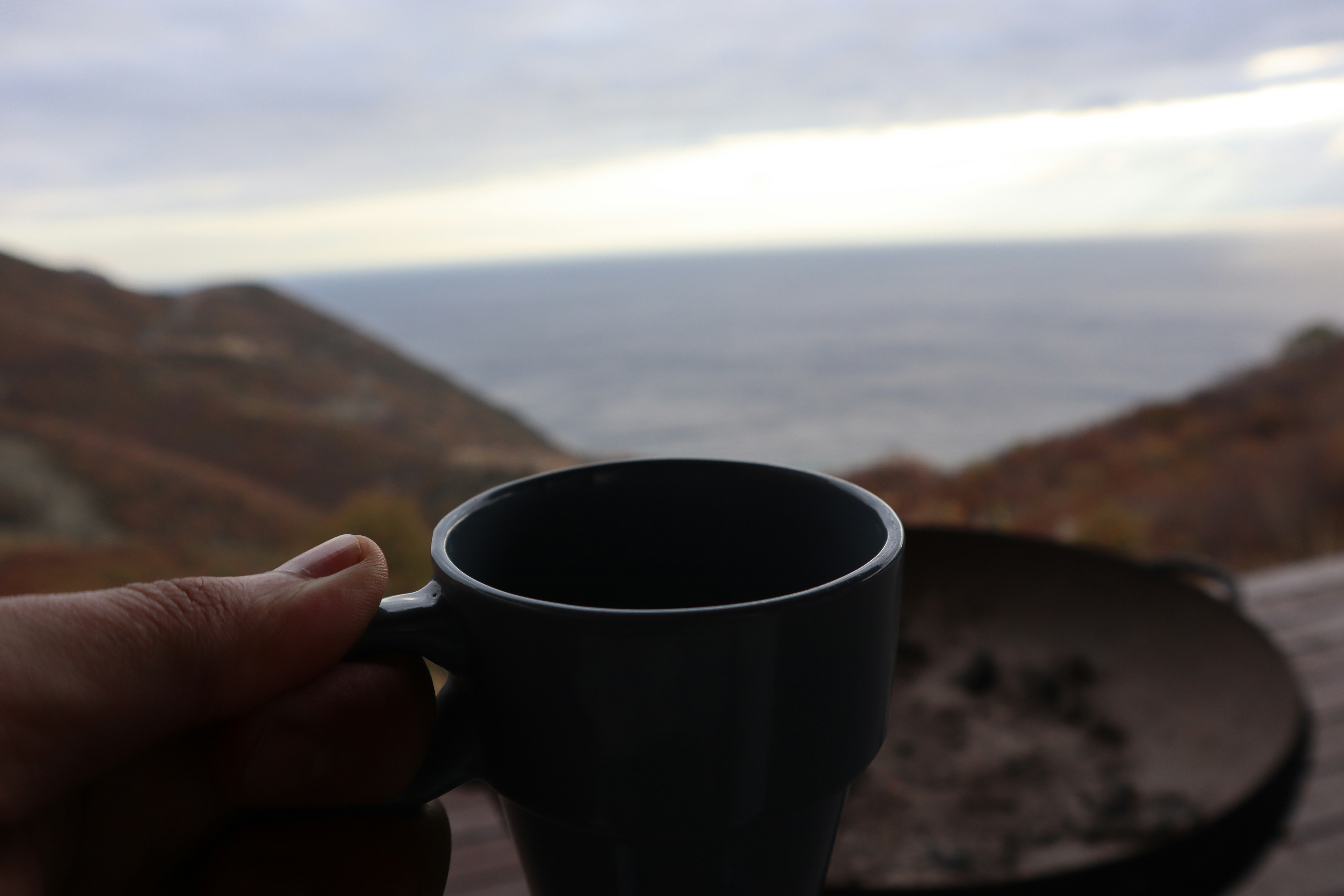Hand holding a black coffee cup against a backdrop of mountains and a cloudy sky.