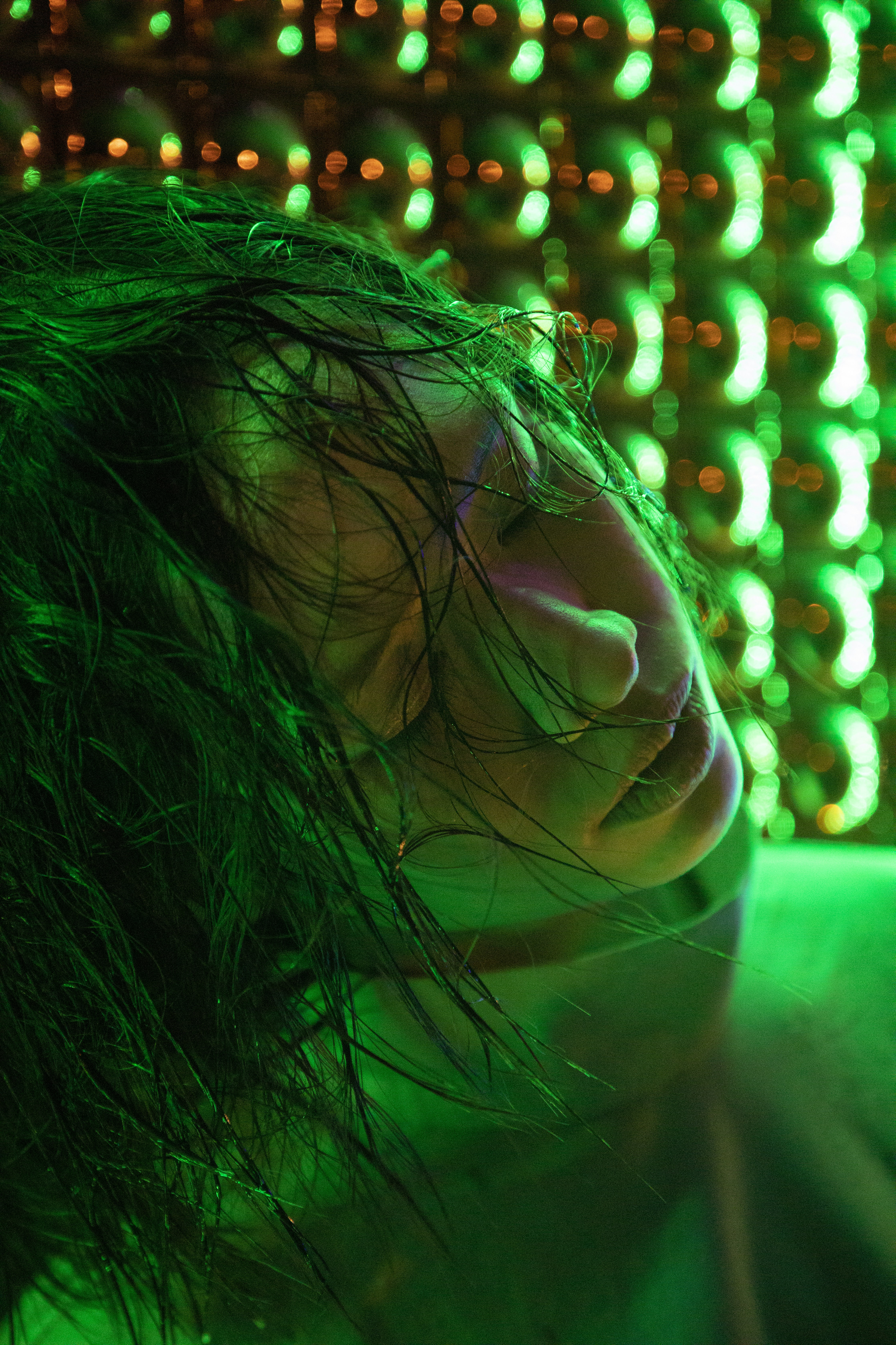 Neon Veil: Wet-Hair Portrait in Green Light