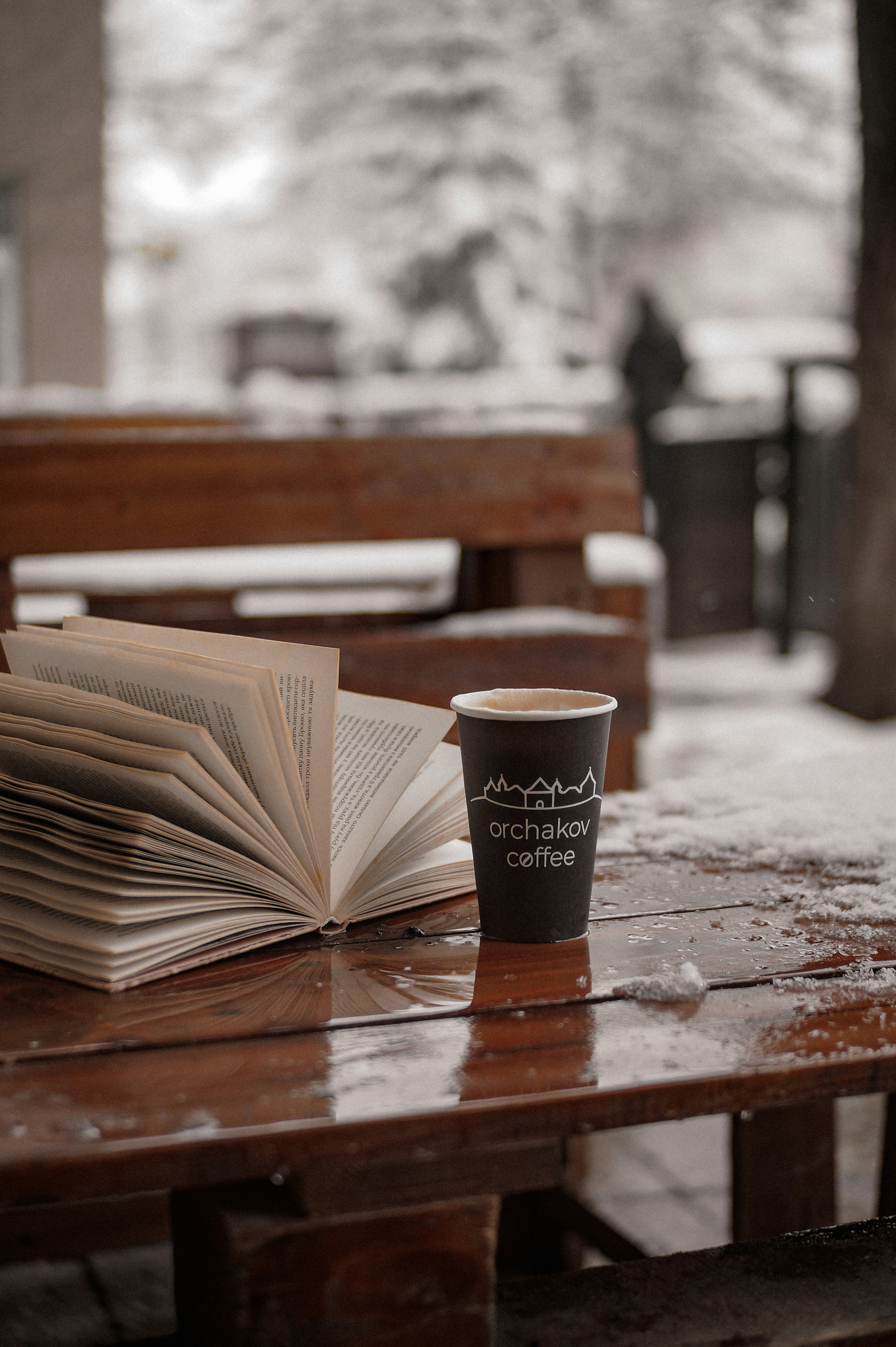 Open book and a coffee cup bearing the Orchard coffee logo sit on a snow-dusted wooden table outdoors, with a blurred park bench and falling snow in the background.