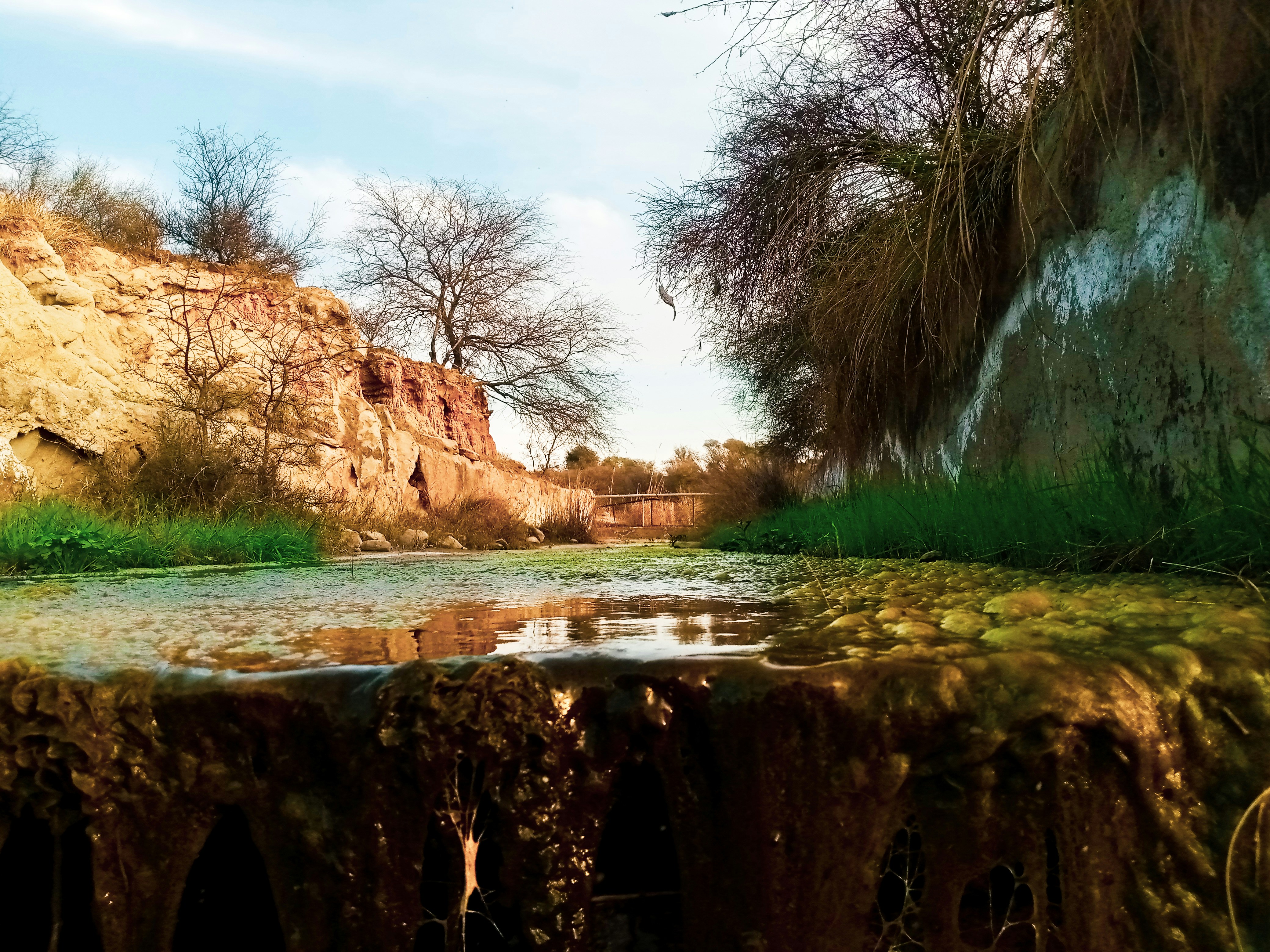 Edge of Light: Shallow River Winding Through an Orange-Cliff Gorge