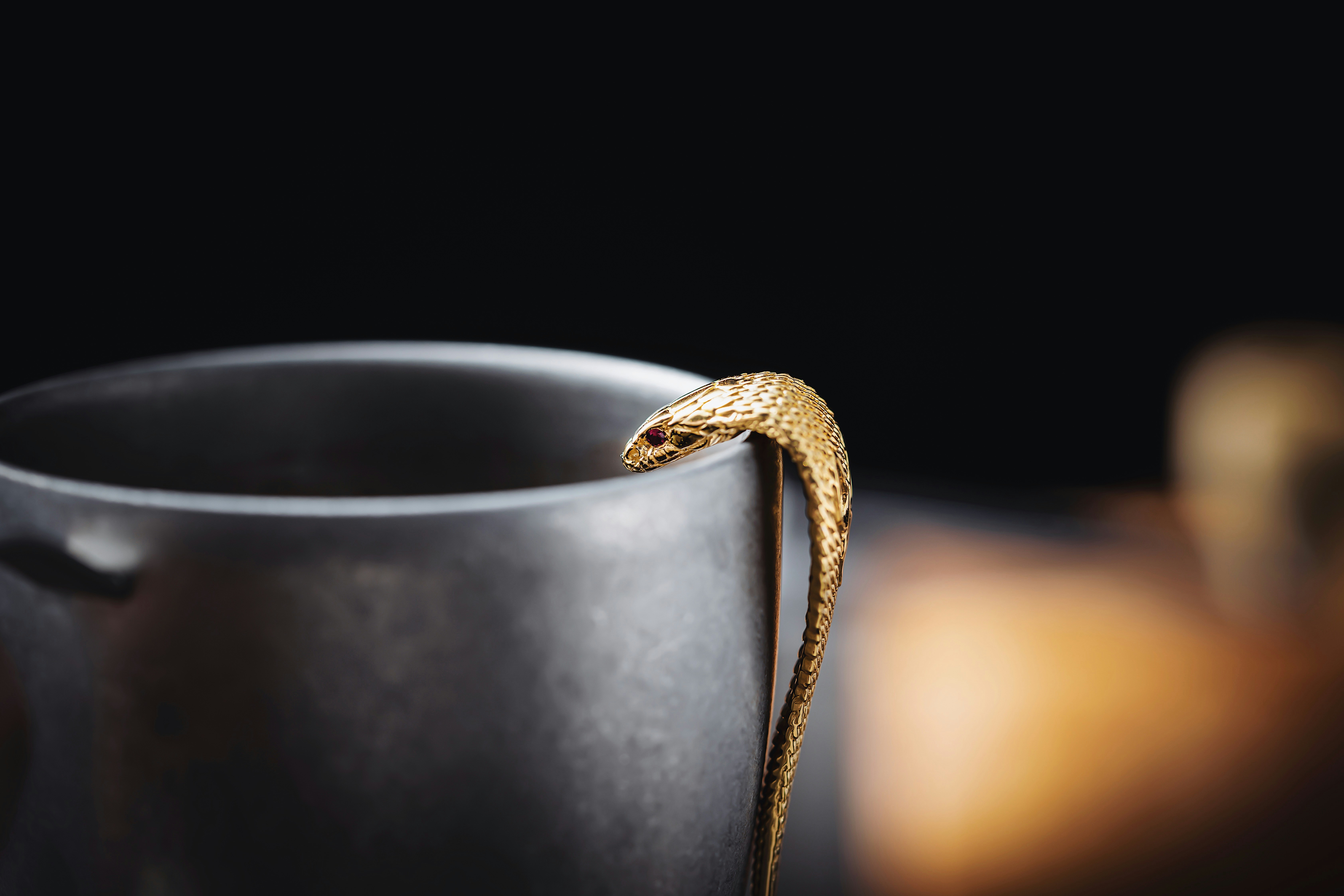 Rim Sentinel: A Tiny Snake Graces a Dark Cup