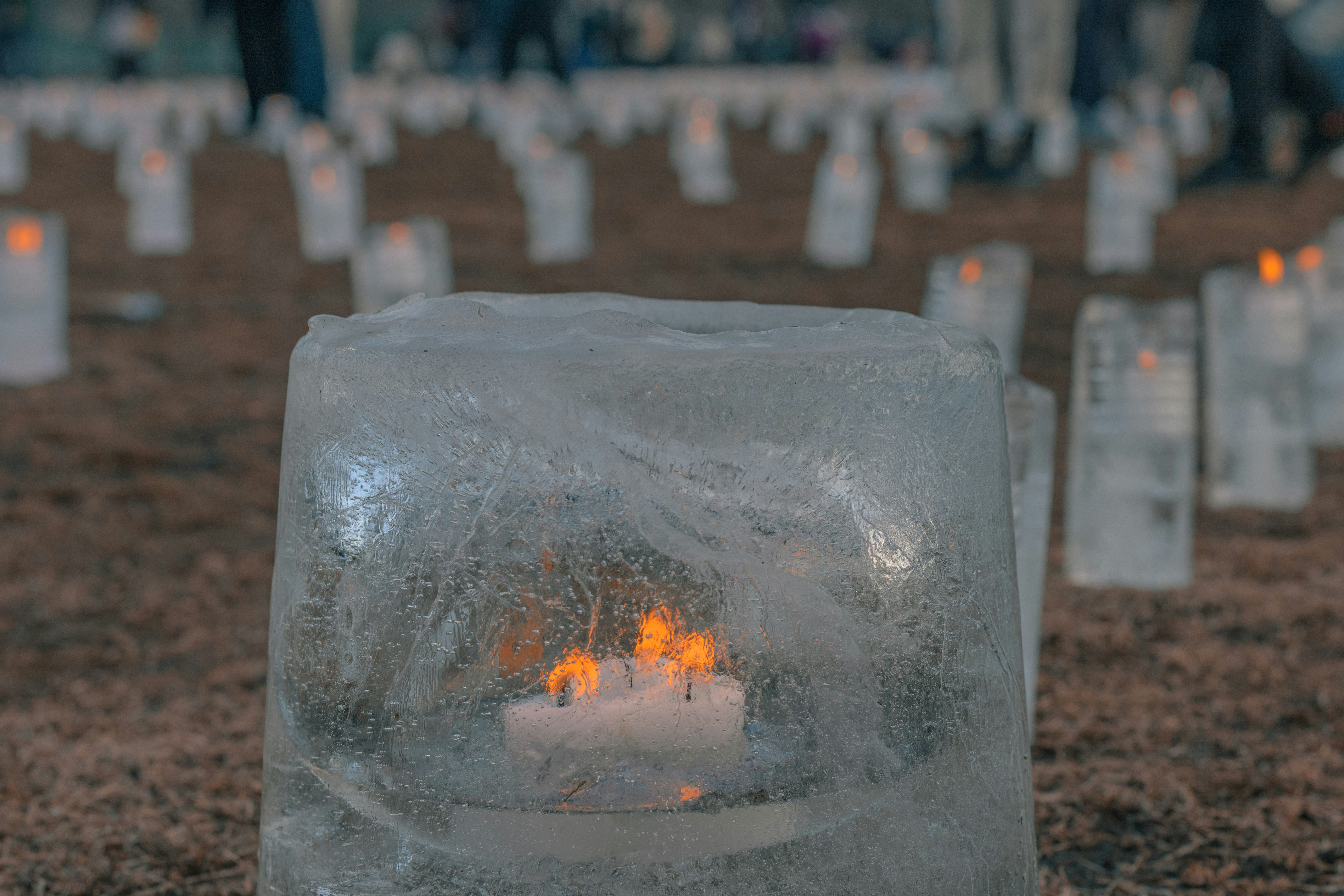 A group of candles sitting inside of an ice block photo – Free ...