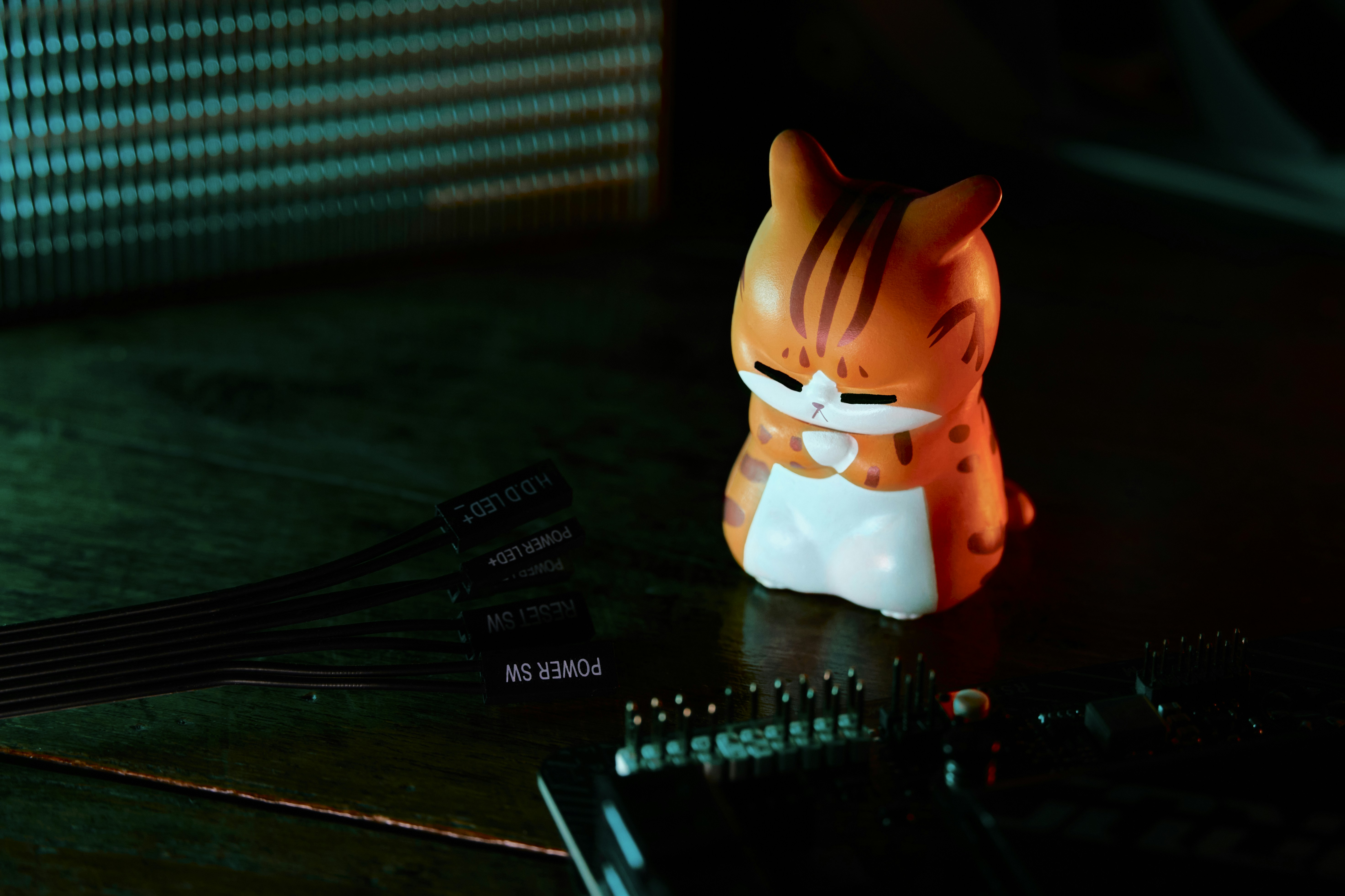 Amber Tiger Figurine Stands Guard Over Neon Circuitry