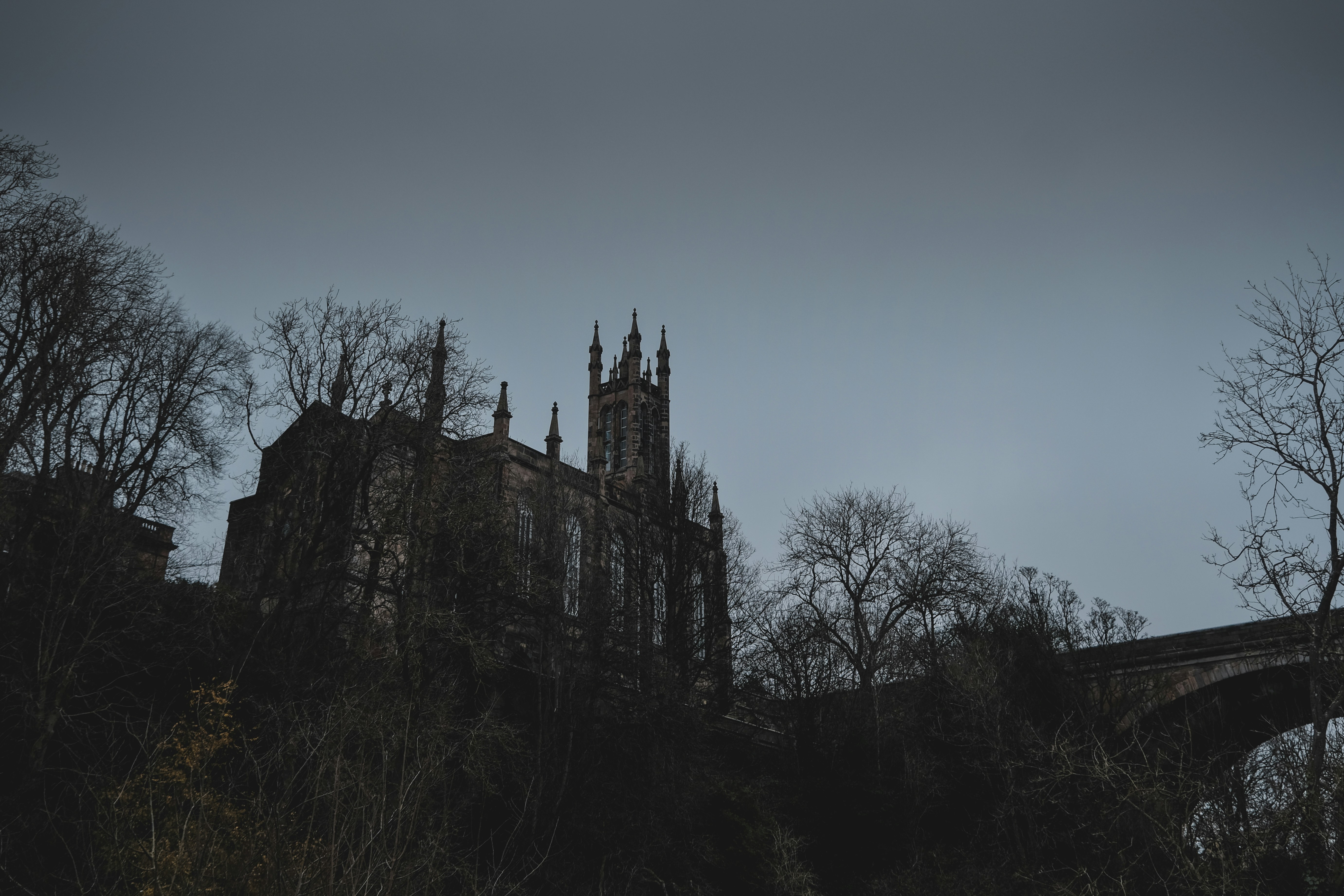 Silhouetted cathedral on a moonlit hillside