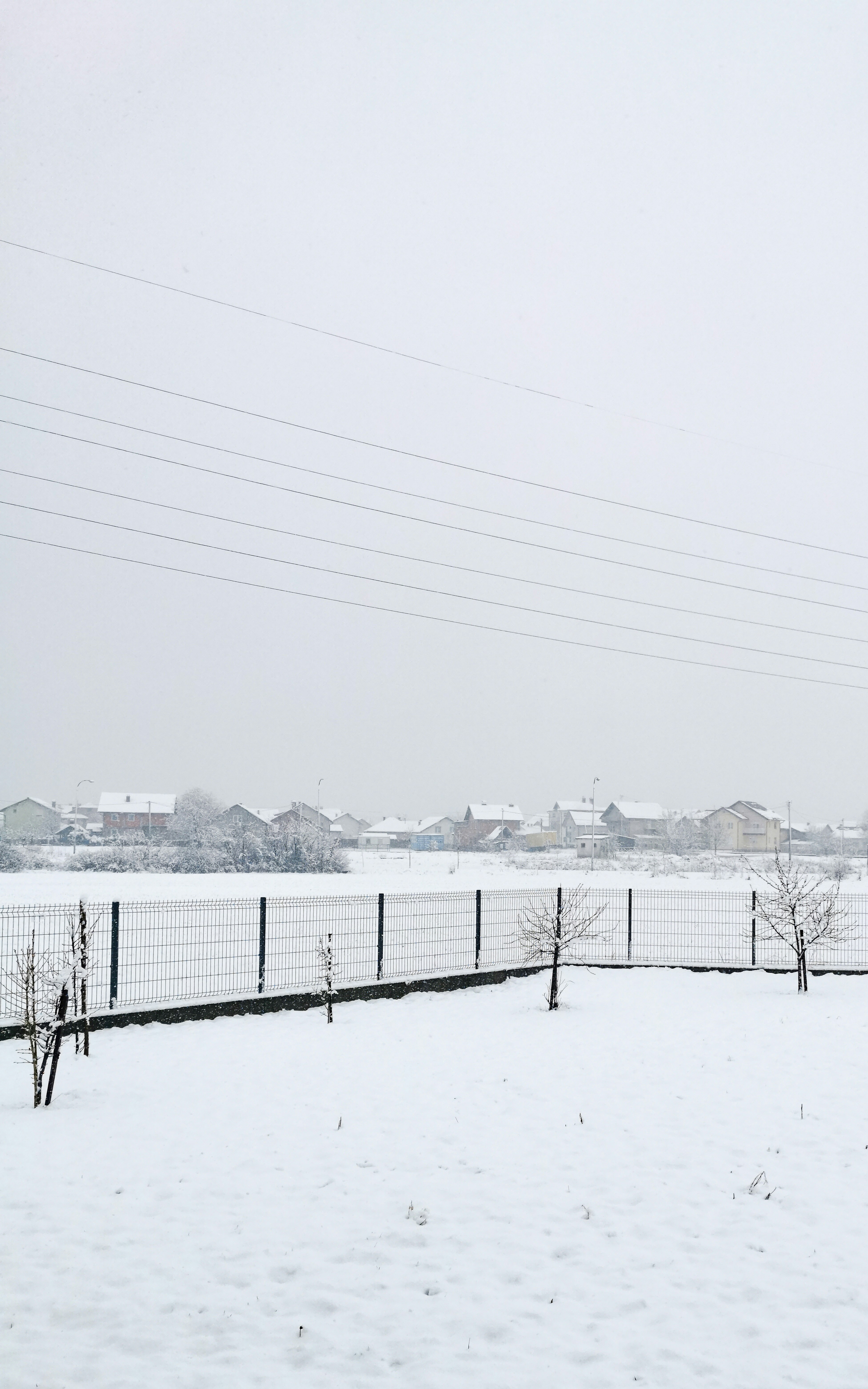Snow-covered landscape with distant houses under a pale sky, framed by a wire fence and bare trees.