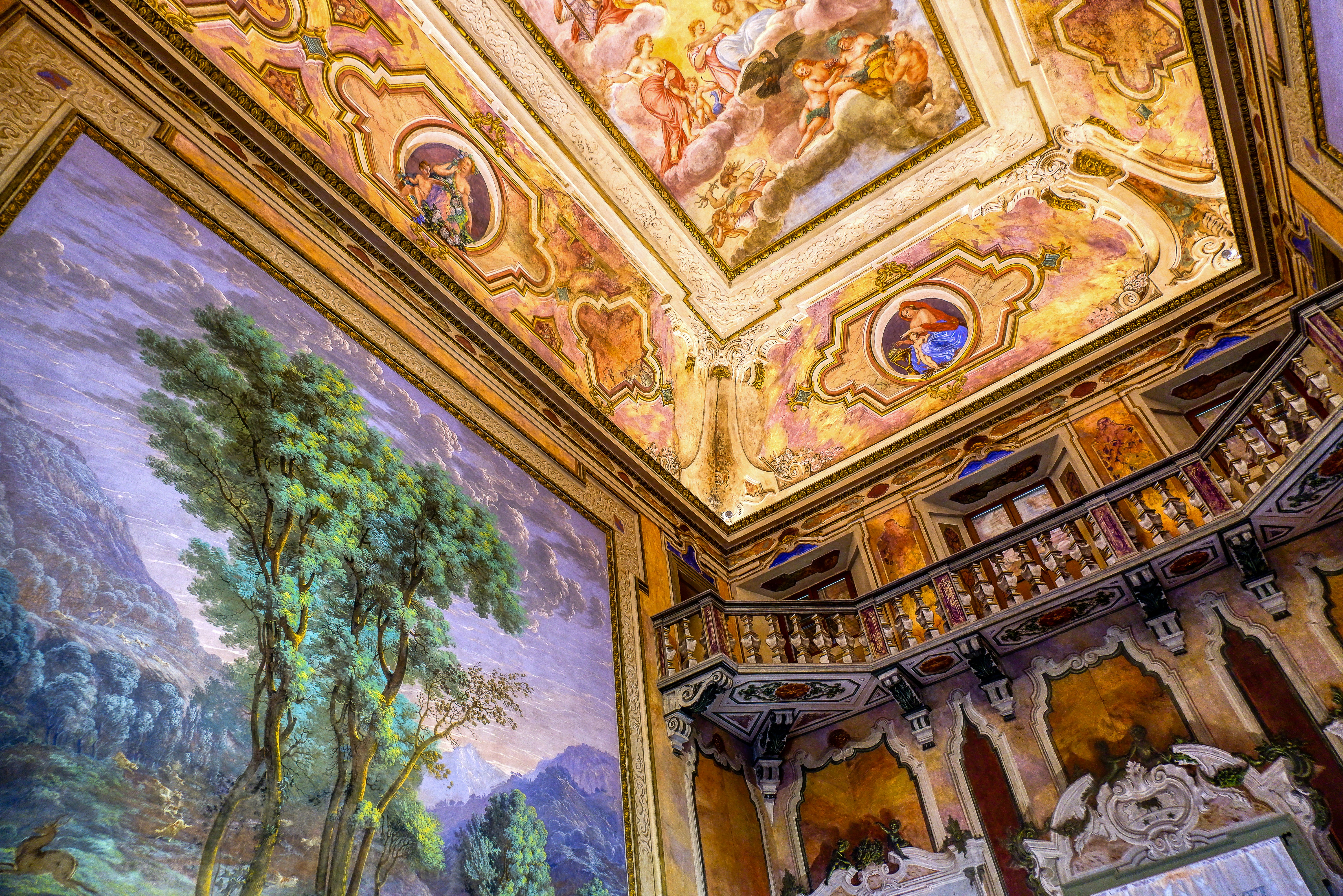 Intricately painted ceiling and wall mural in a grand interior space, featuring vibrant landscapes and ornate detailing.
