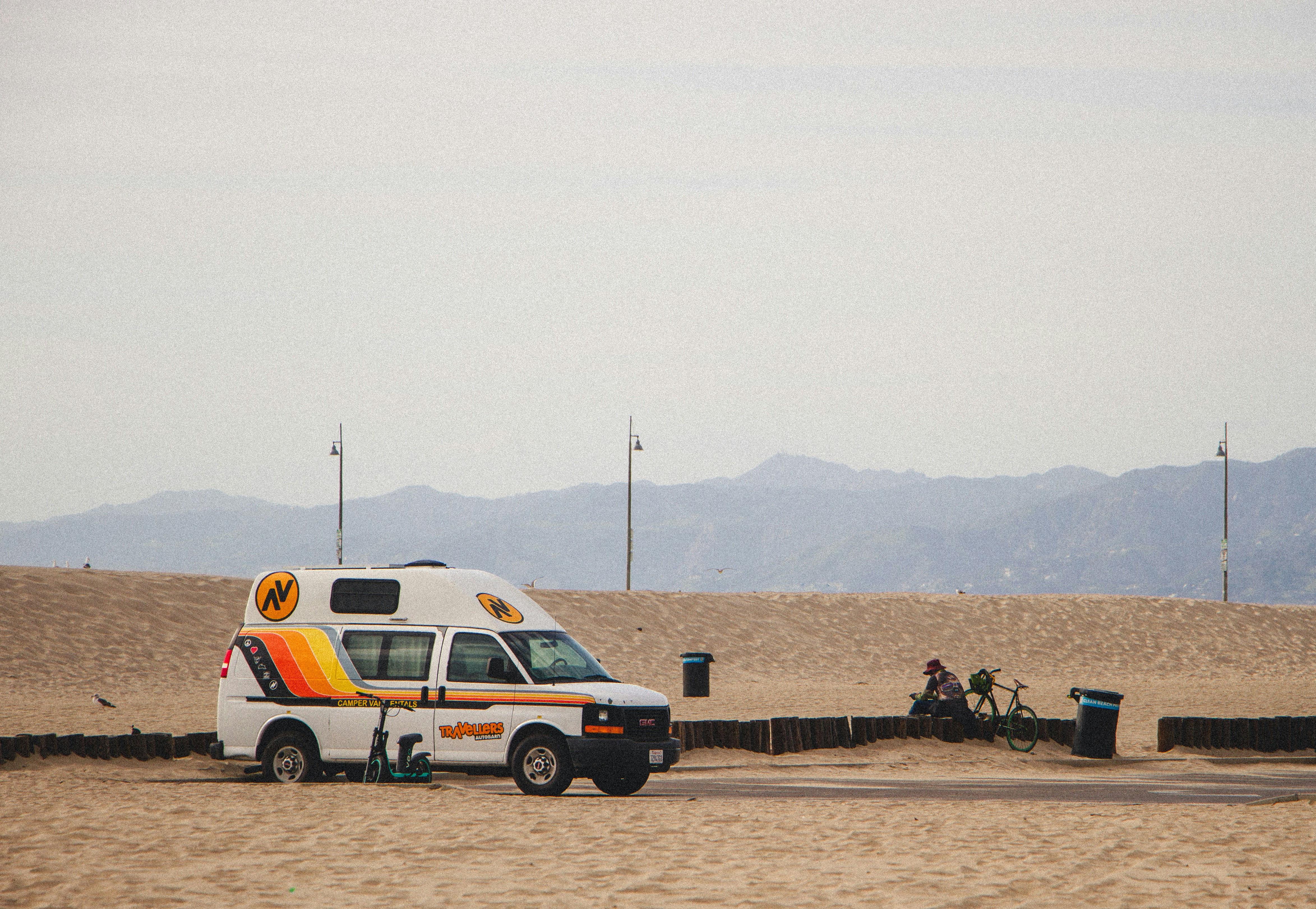 Retro van on a beach, in Santa Monica