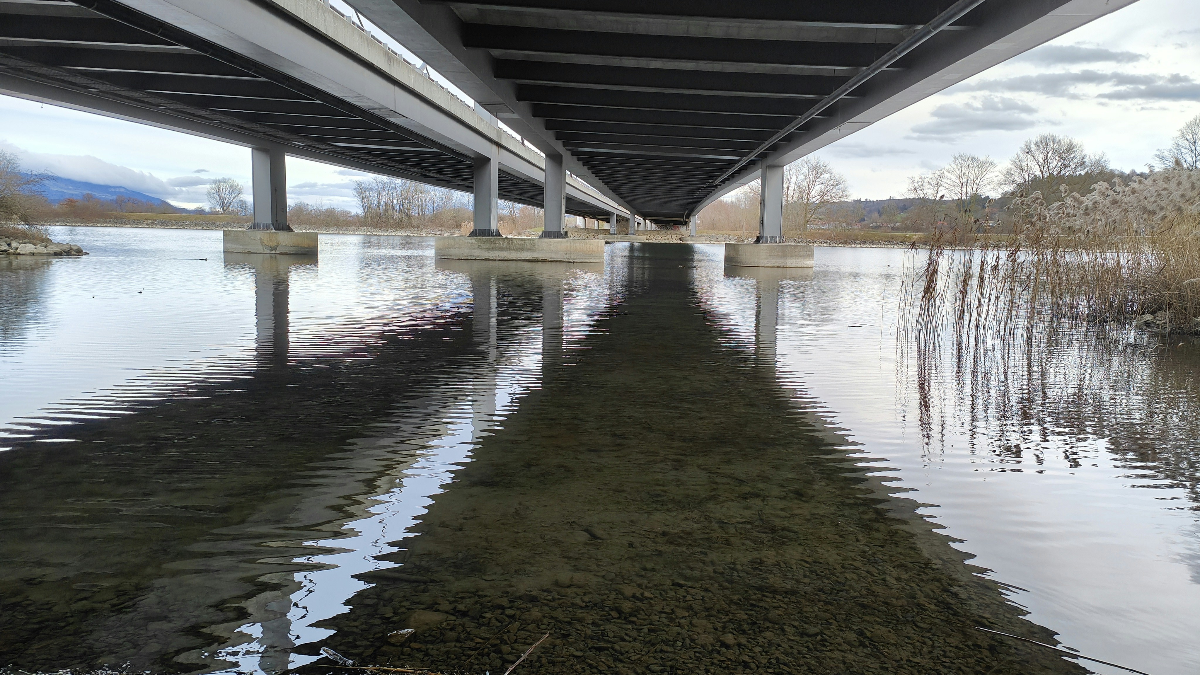 Tranquil view beneath a bridge, showcasing the calm water's surface reflecting the structure above and the surrounding landscape. The scene captures a moment of peace in nature.