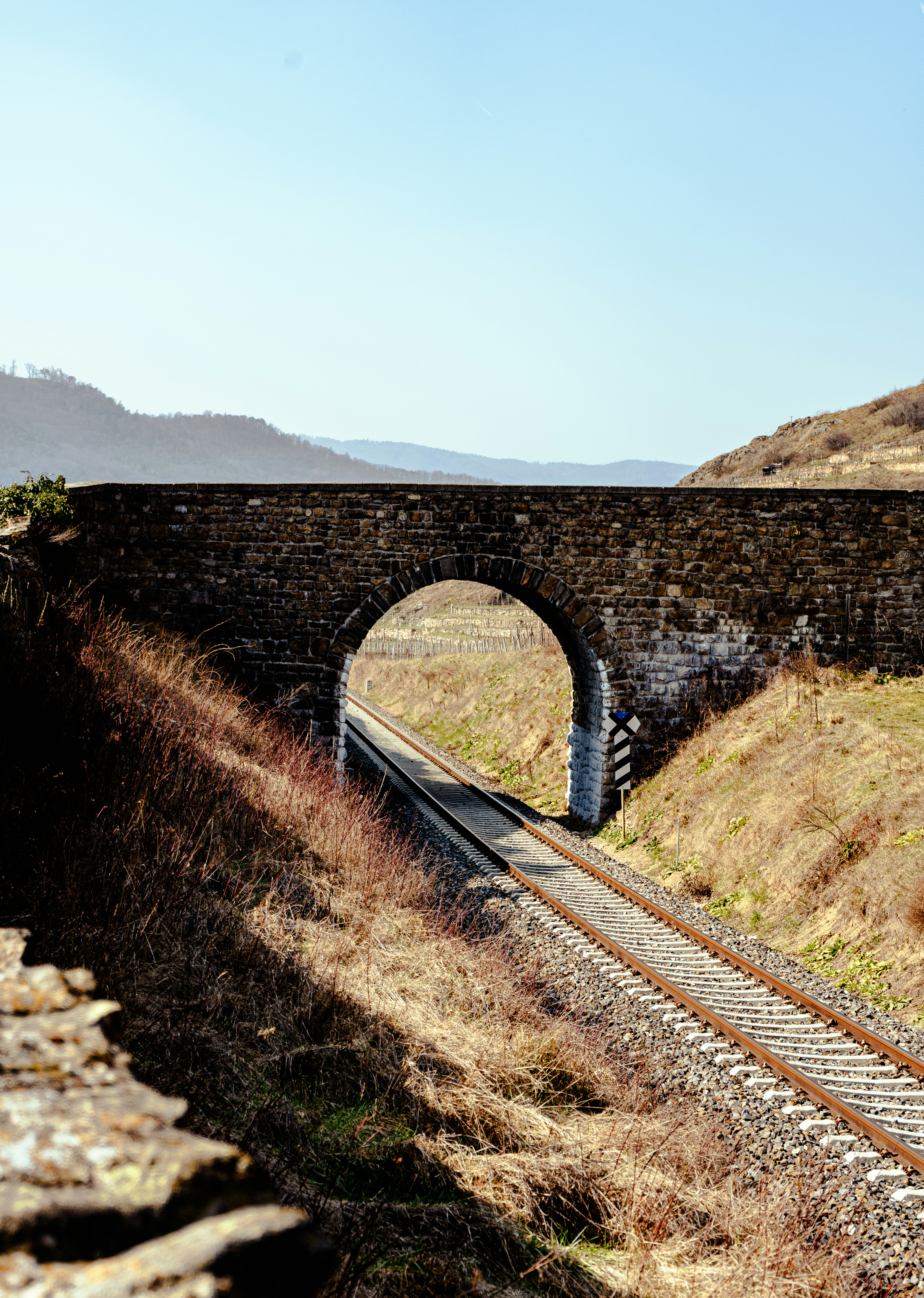 Through the Stone Arch: Rails Piercing a Sunlit Valley