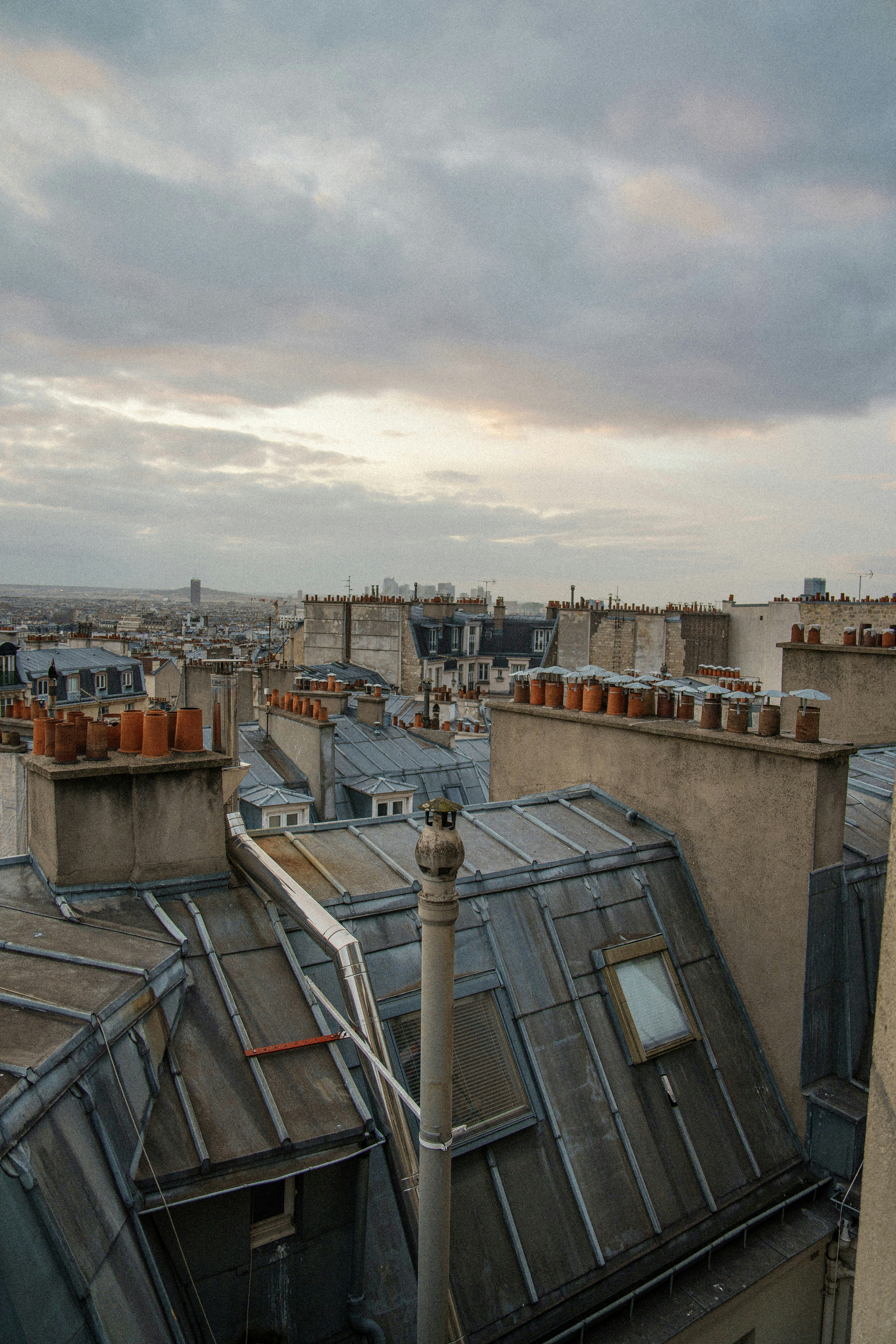 Chimney Chorus over a Parisian Rooftop Panorama at Dusk